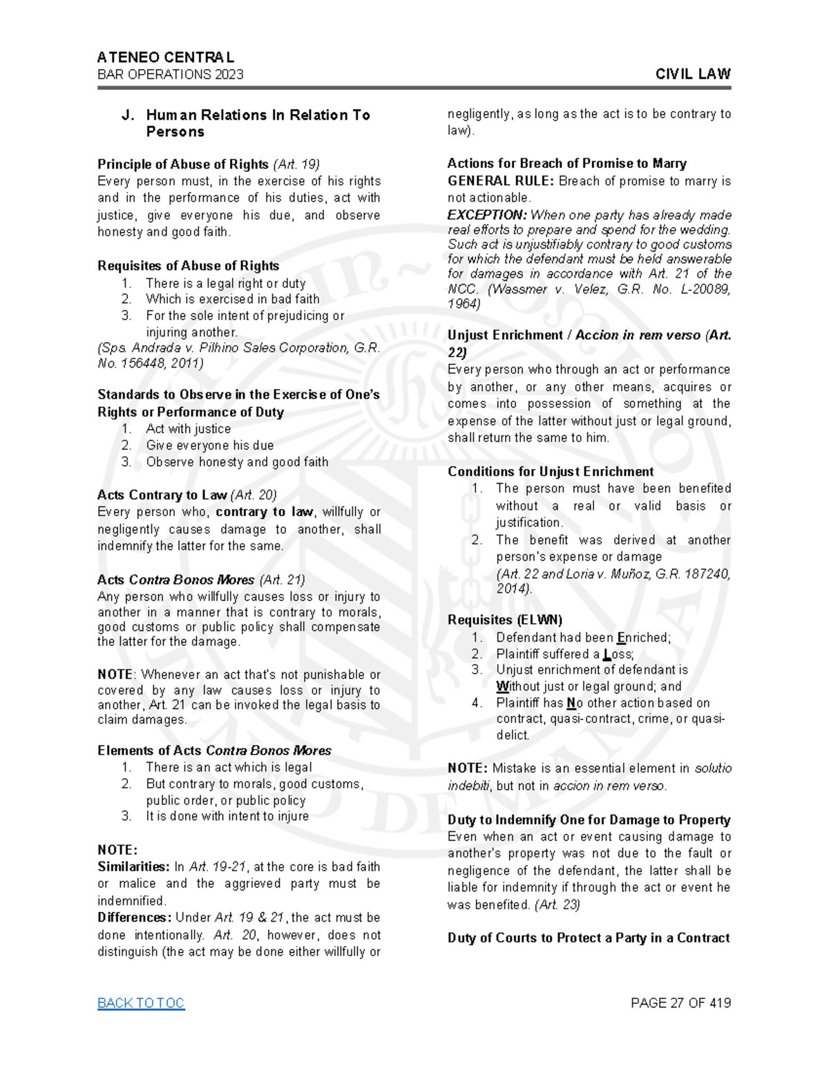 Humn Relations - LEcture NOtes - BAR OPERATIONS 2023 CIVIL LAW J. Human ...