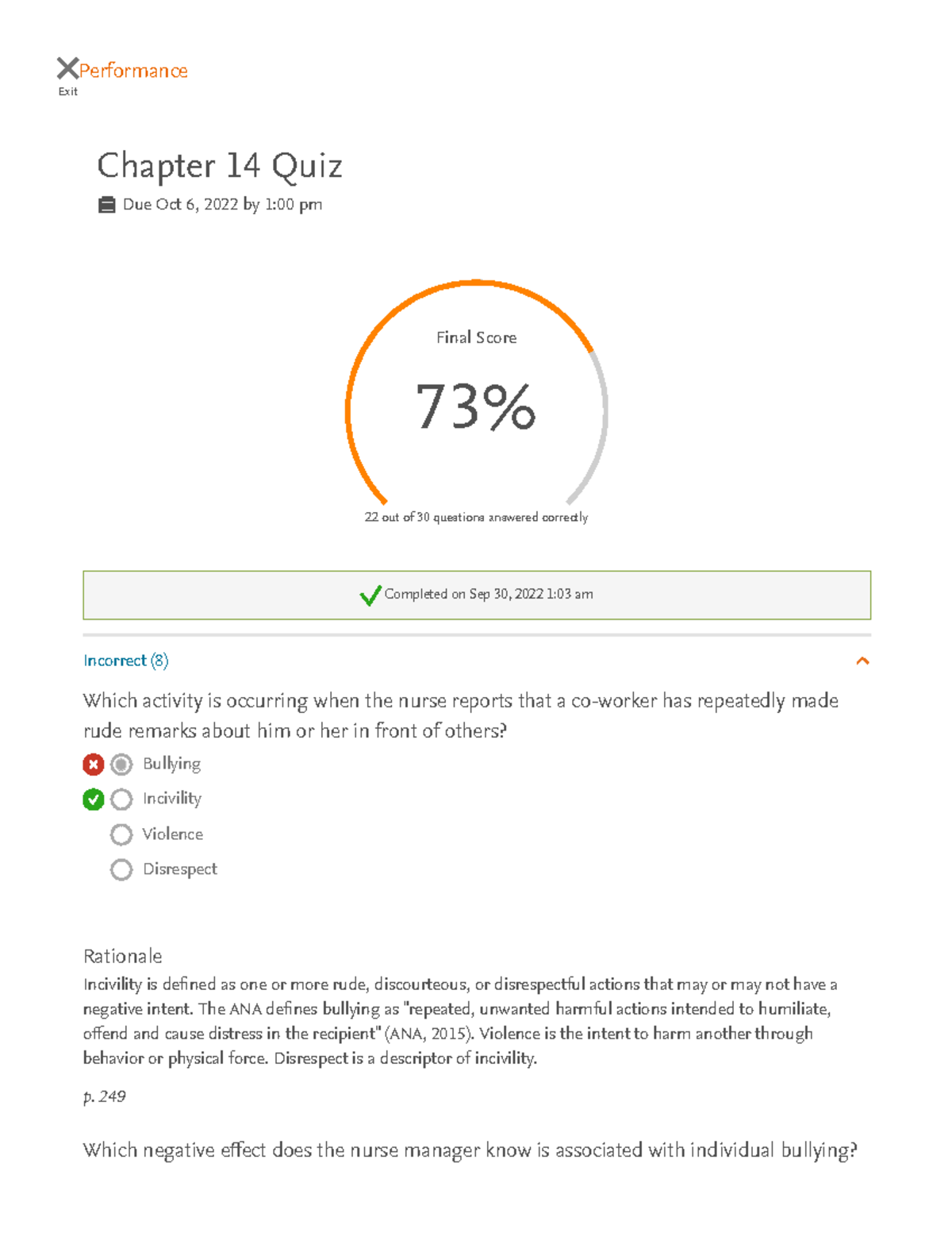 Leadership - Elsevier adaptive quizzes - Exit Performance Chapter 14 Quiz Due Oct 6, 2022 by 1: ...
