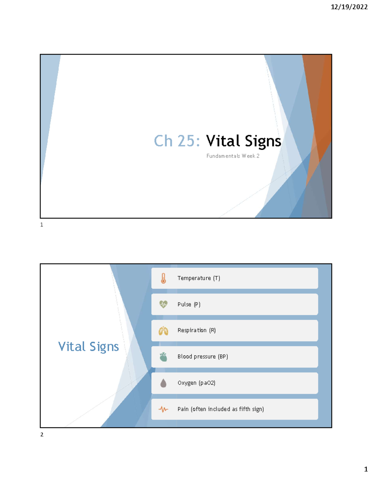 Ch 25 student - ppt - Ch 25: Vital Signs Fundamentals Week 2 Vital Signs Temperature (T) Pulse ...