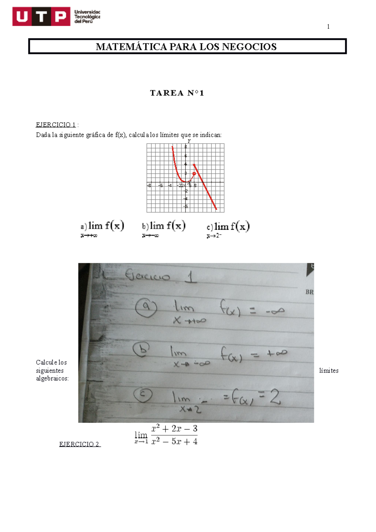 Tarea 1 MatemÁtica Para Los Negocios Tarea N° Ejercicio 1 Dada La