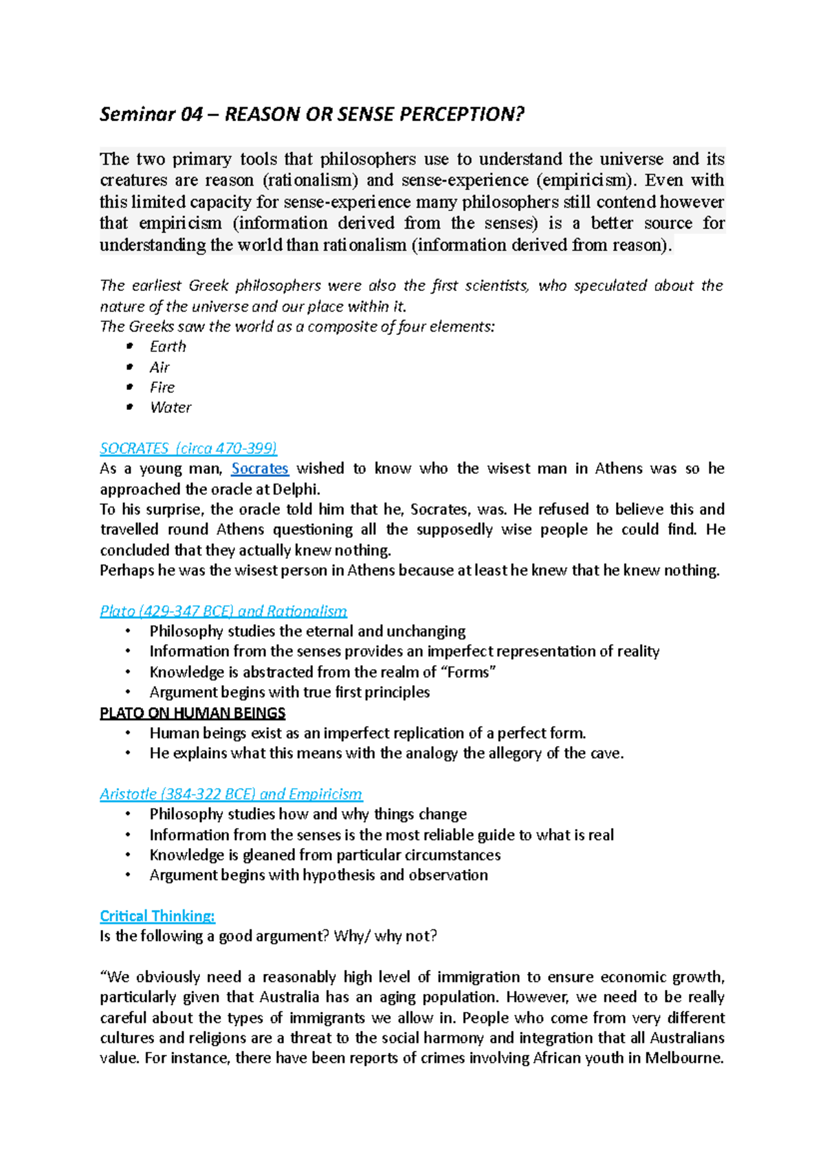 Seminar 04 – Reason OR Sense Perception - Seminar 04 – REASON OR SENSE ...