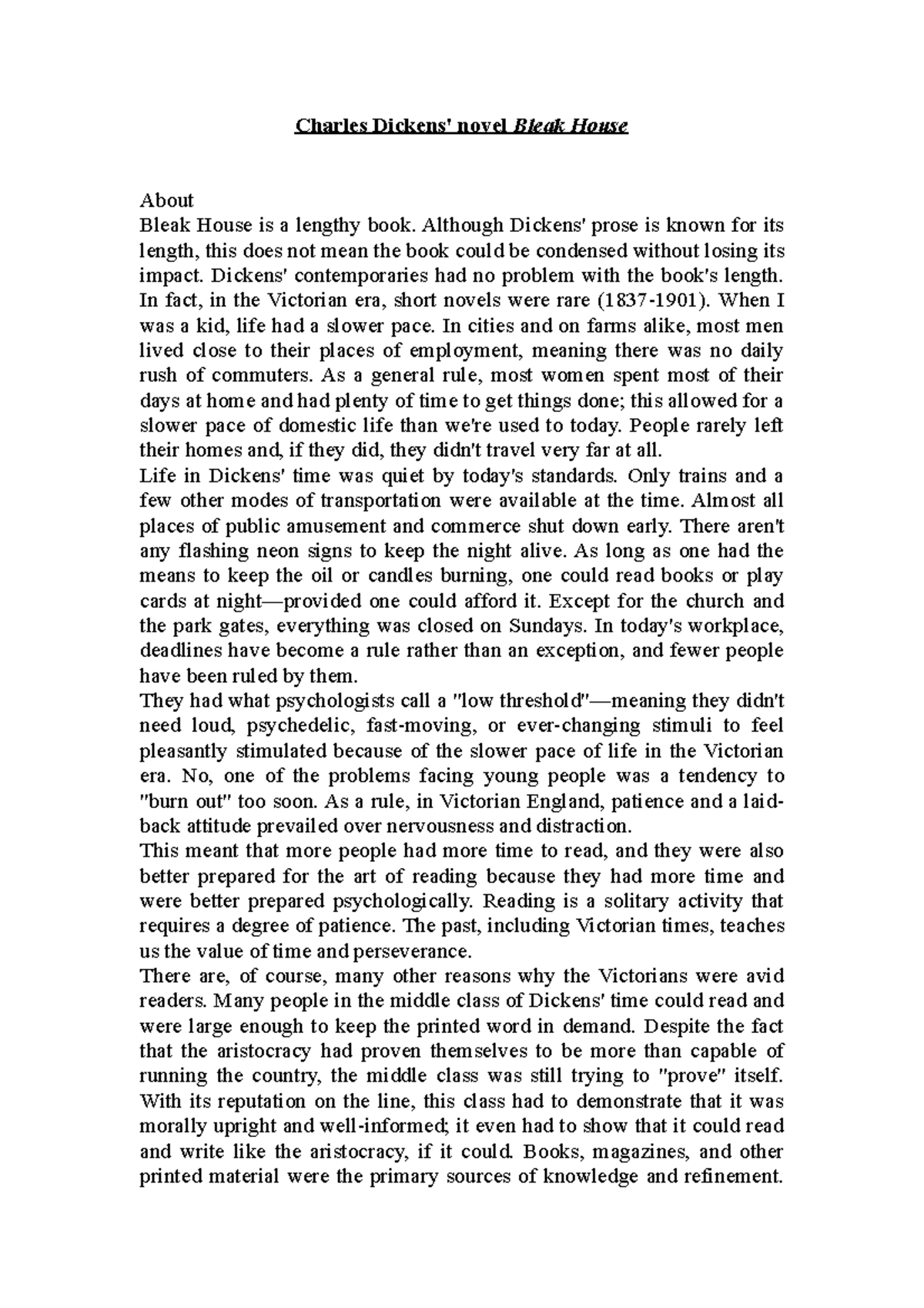 Charles Dickens' novel Bleak House - English Literature - AMU - Studocu