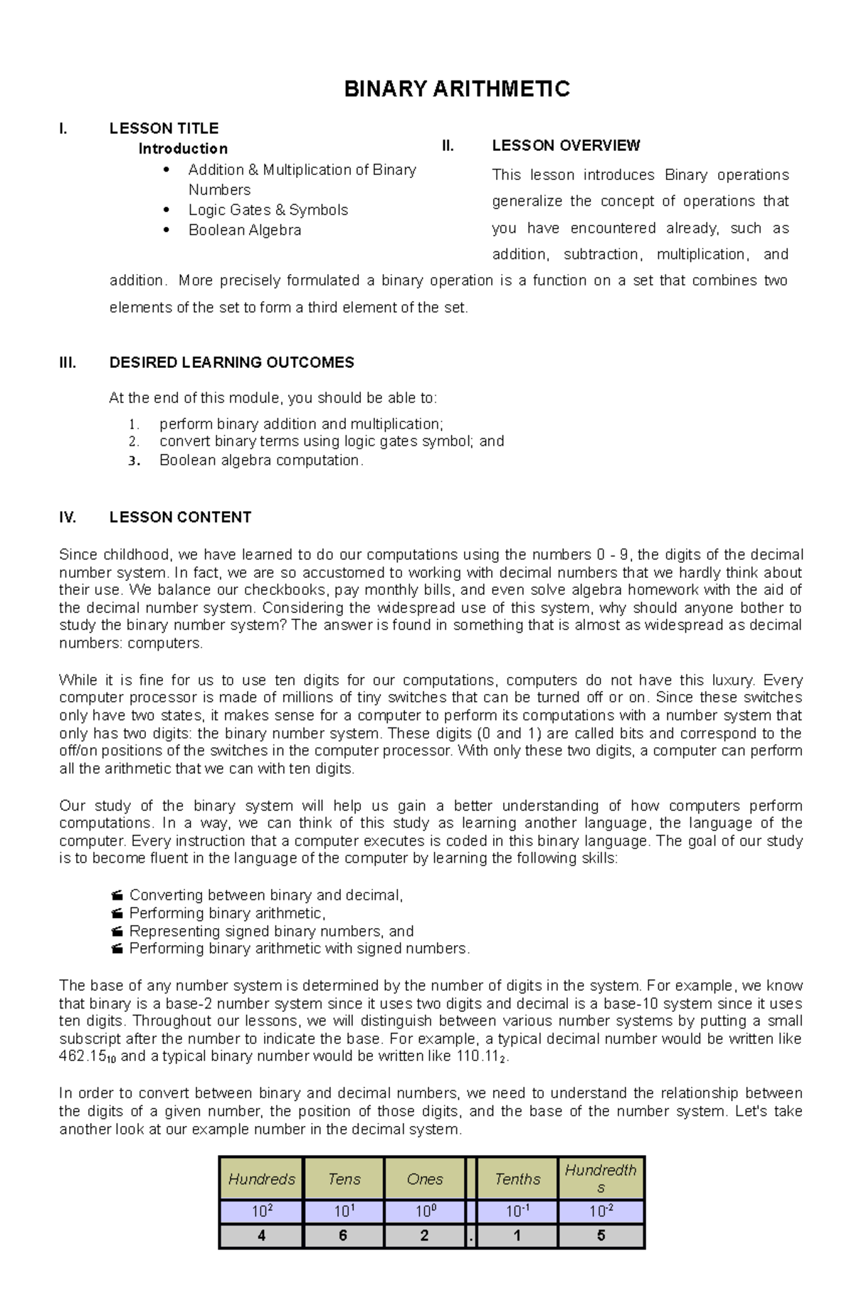 Binary arithmetic - BINARY ARITHMETIC I. LESSON TITLE II. LESSON OVERVIEW This lesson introduces ...