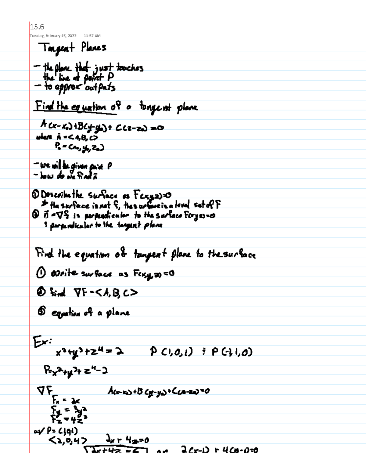 15.6 Tangent Planes, Calc 3 - MATH213 - ϭρ͘ς dƵĞƐĚĂLJ͕ &ĞďƌƵĂƌLJ ϭρ͕ ...