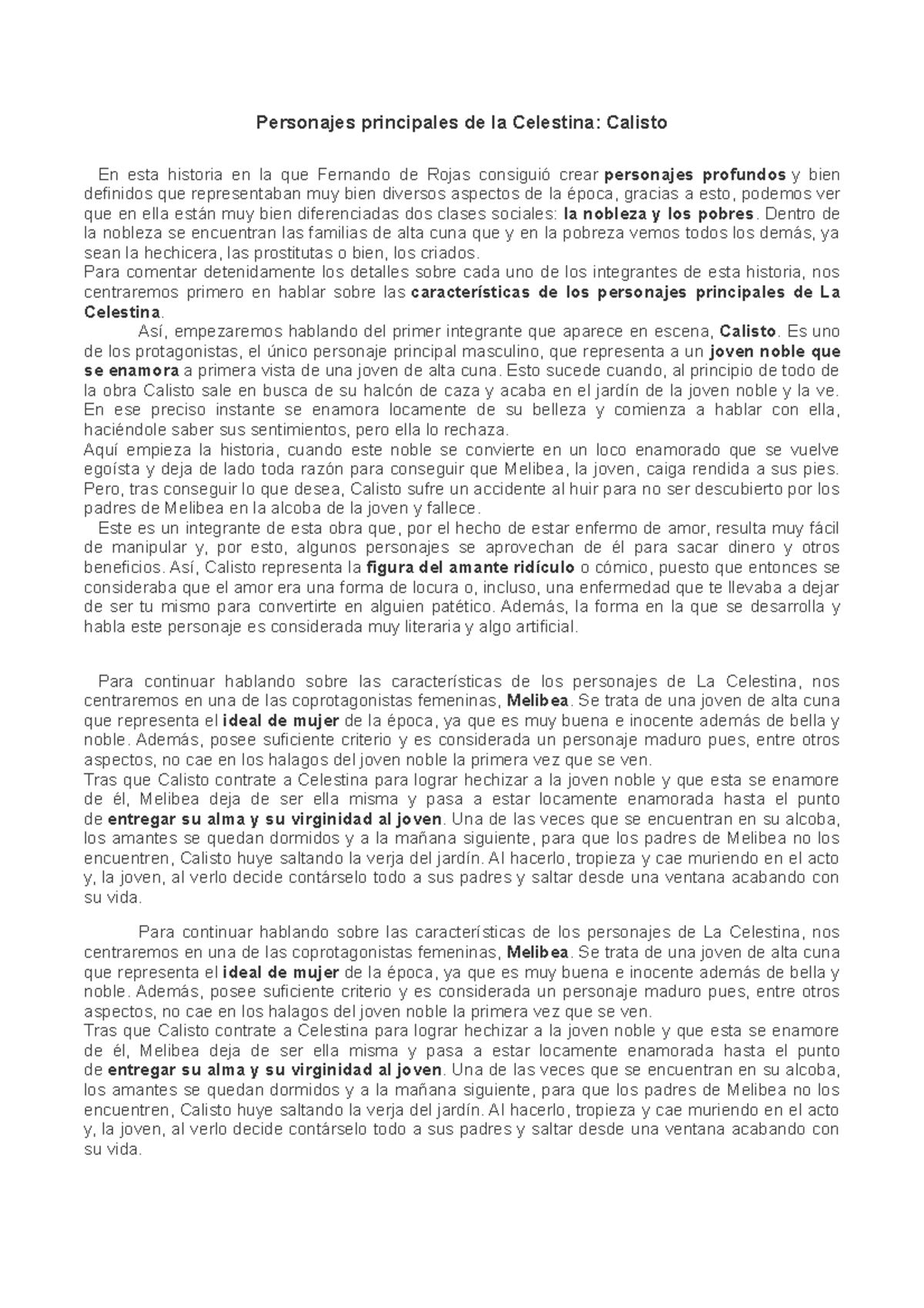 Personajes Celestina - Personajes principales de la Celestina: Calisto ...
