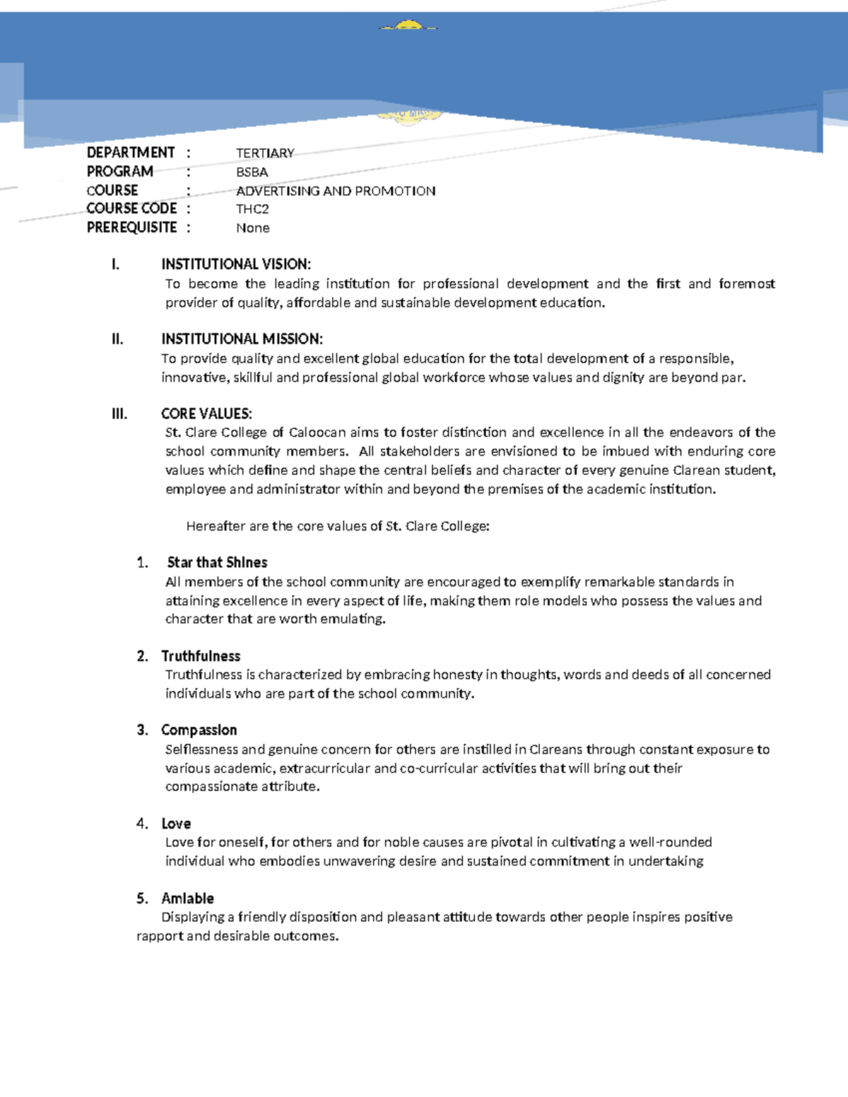 Marketing - DEPARTMENT : TERTIARY PROGRAM : BSBA COURSE : ADVERTISING ...