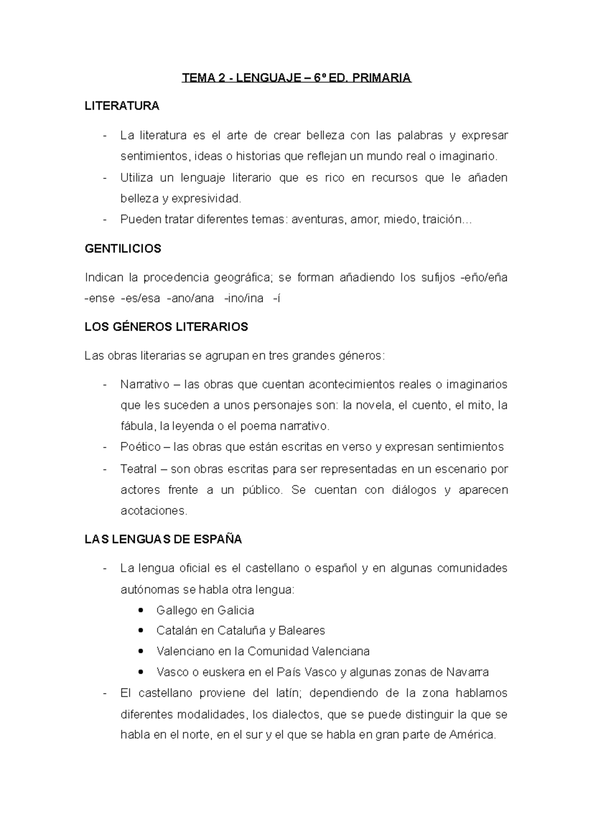 TEMA 2 - TEMA 2 - LENGUAJE – 6º ED. PRIMARIA LITERATURA La literatura ...