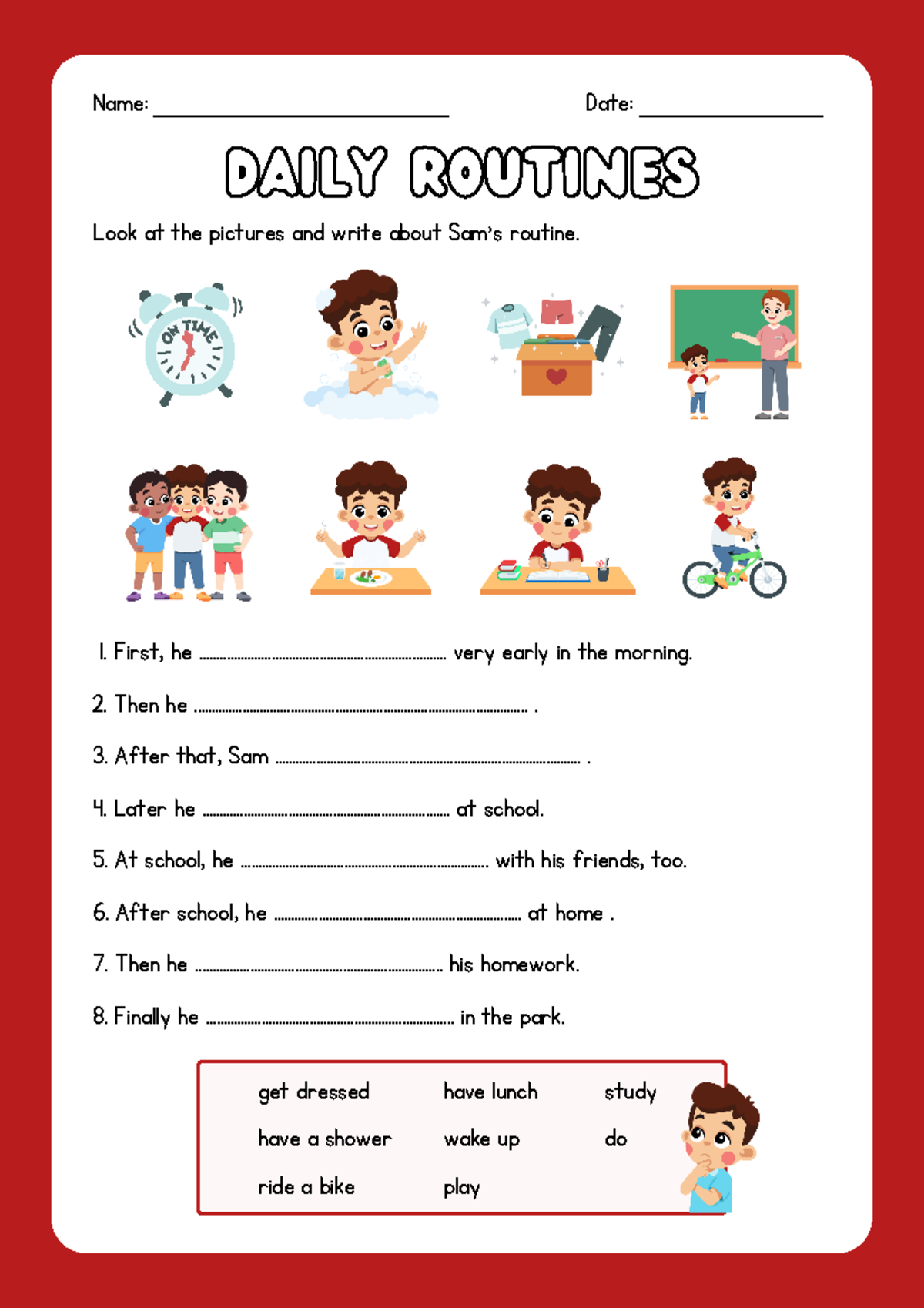 Colourful illustrative daily routine worksheet - Name: Date: 4. Later ...