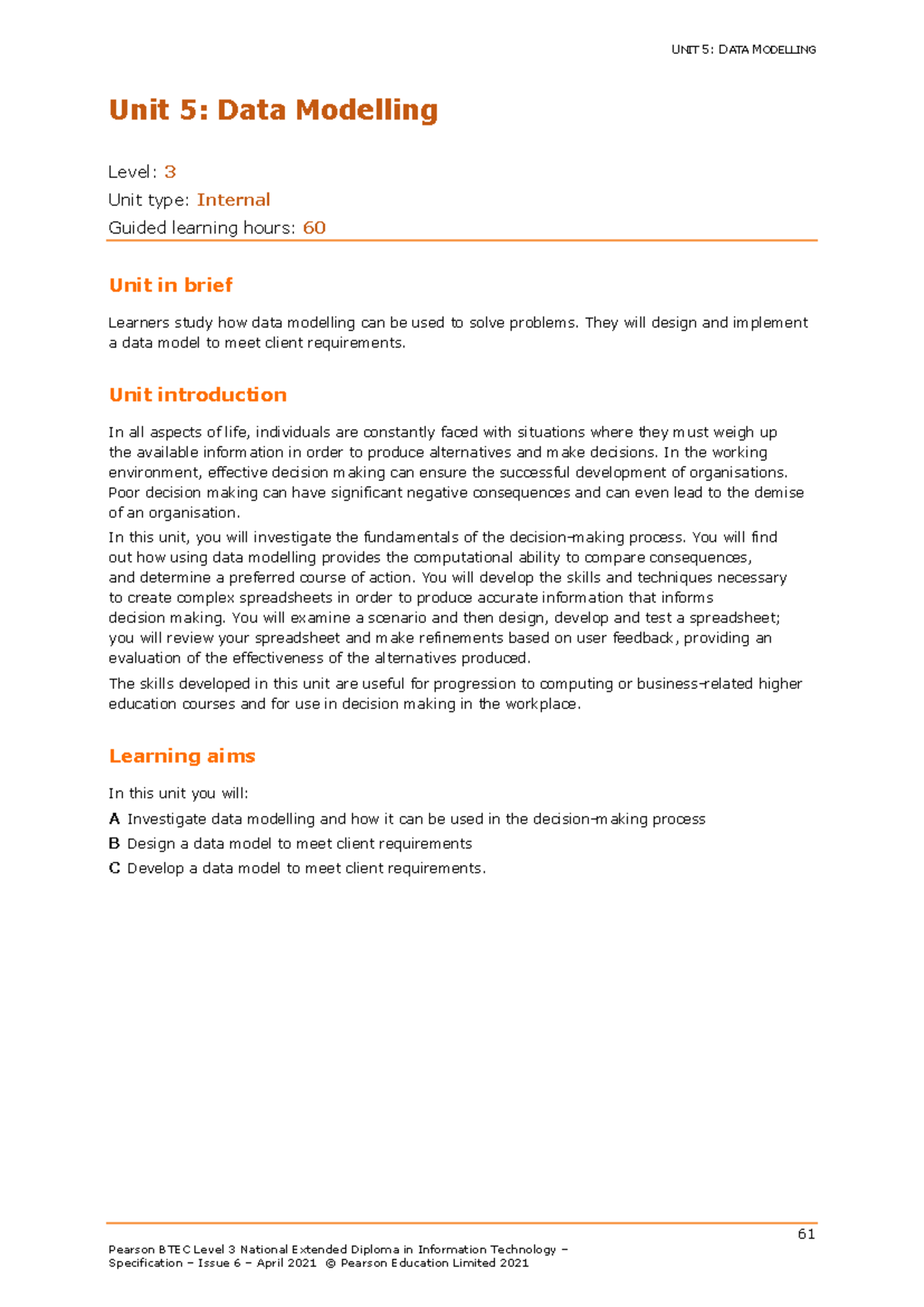 Unit 5 Specification - rejirjtoejoire - 61 Pearson BTEC Level 3 ...