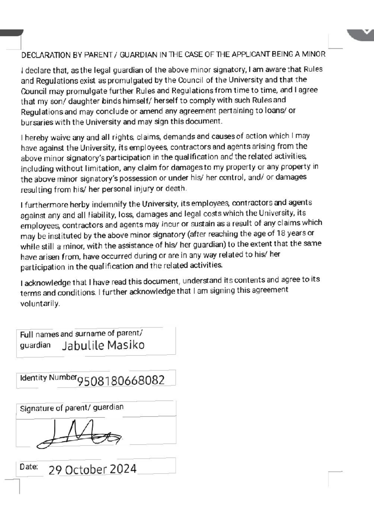 Consent form 241029 205416 - DECLARATION PARENT GUARDIAN IN THE CASE OF THE APPLICANT BEING A ...