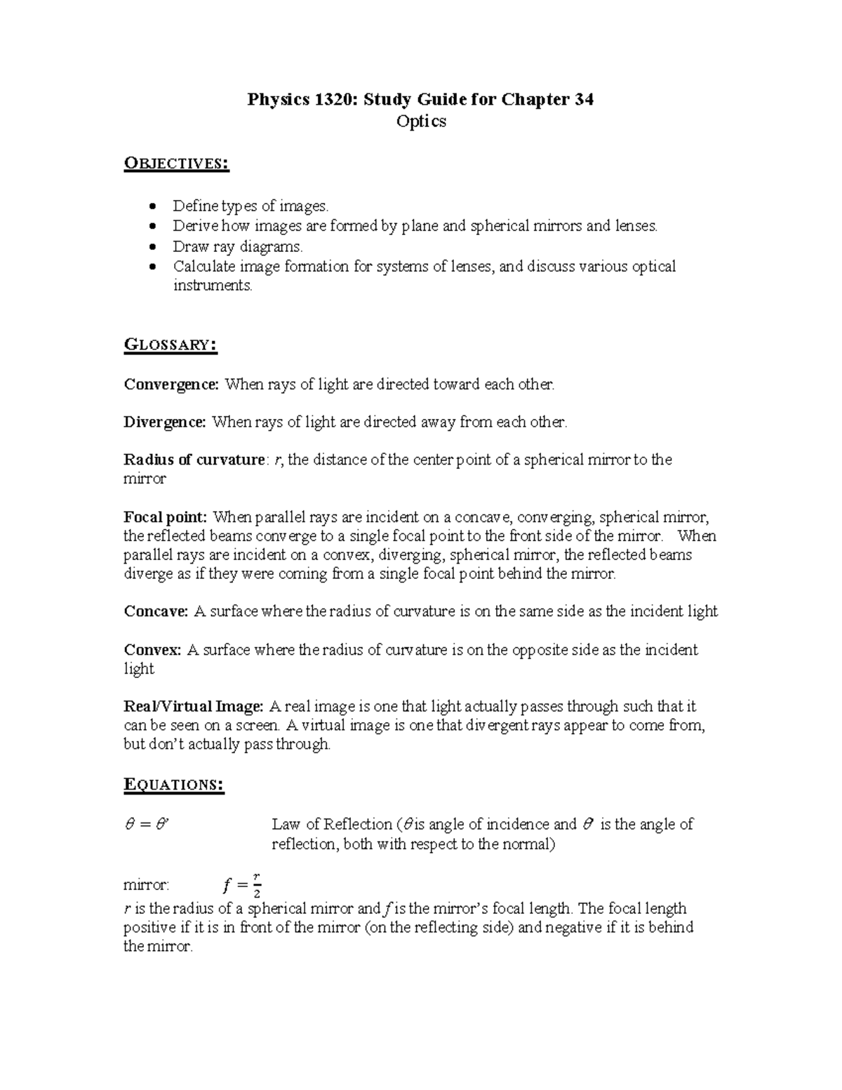 SG Ch 34 Optics - Physics 1320: Study Guide for Chapter 34 Optics ...