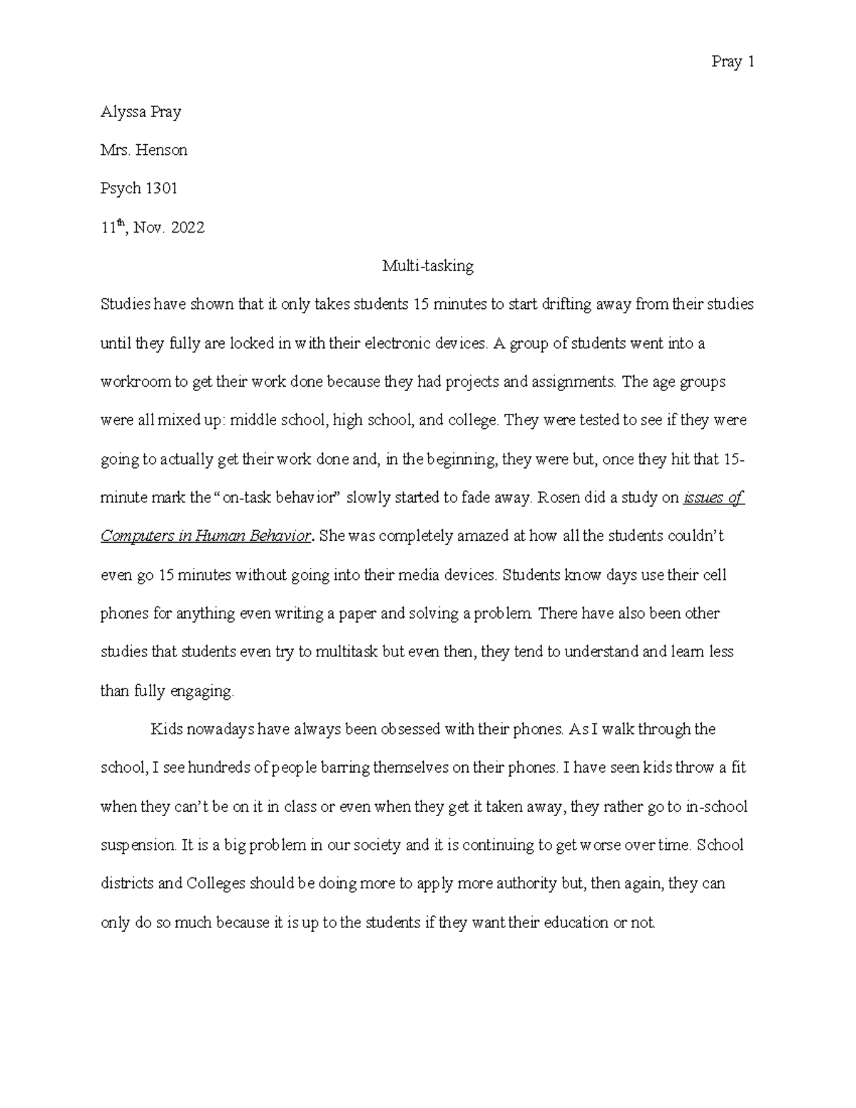 Multi-Tasking - Multi-tasking assignment - Pray 1 Alyssa Pray Mrs ...