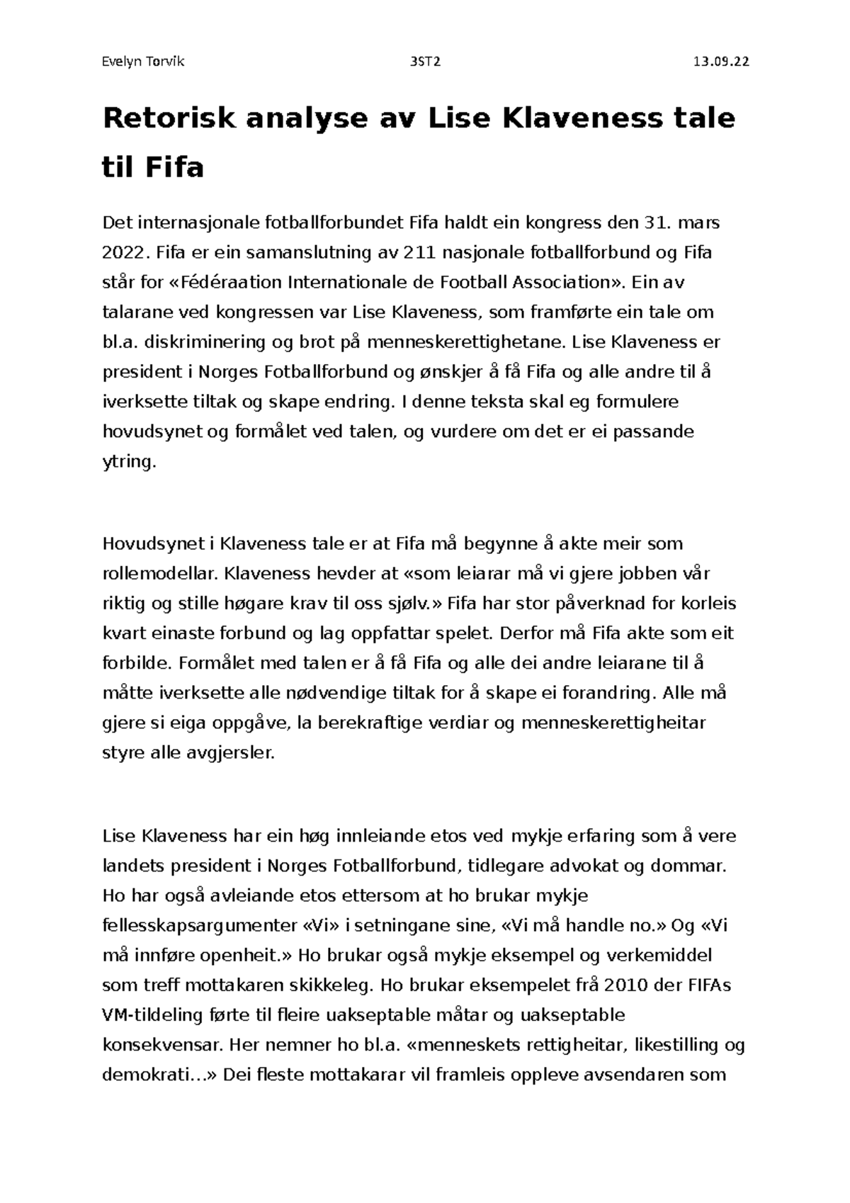 Retorisk analyse av Lise Klaveness tale til Fifa 1 - Retorisk analyse ...