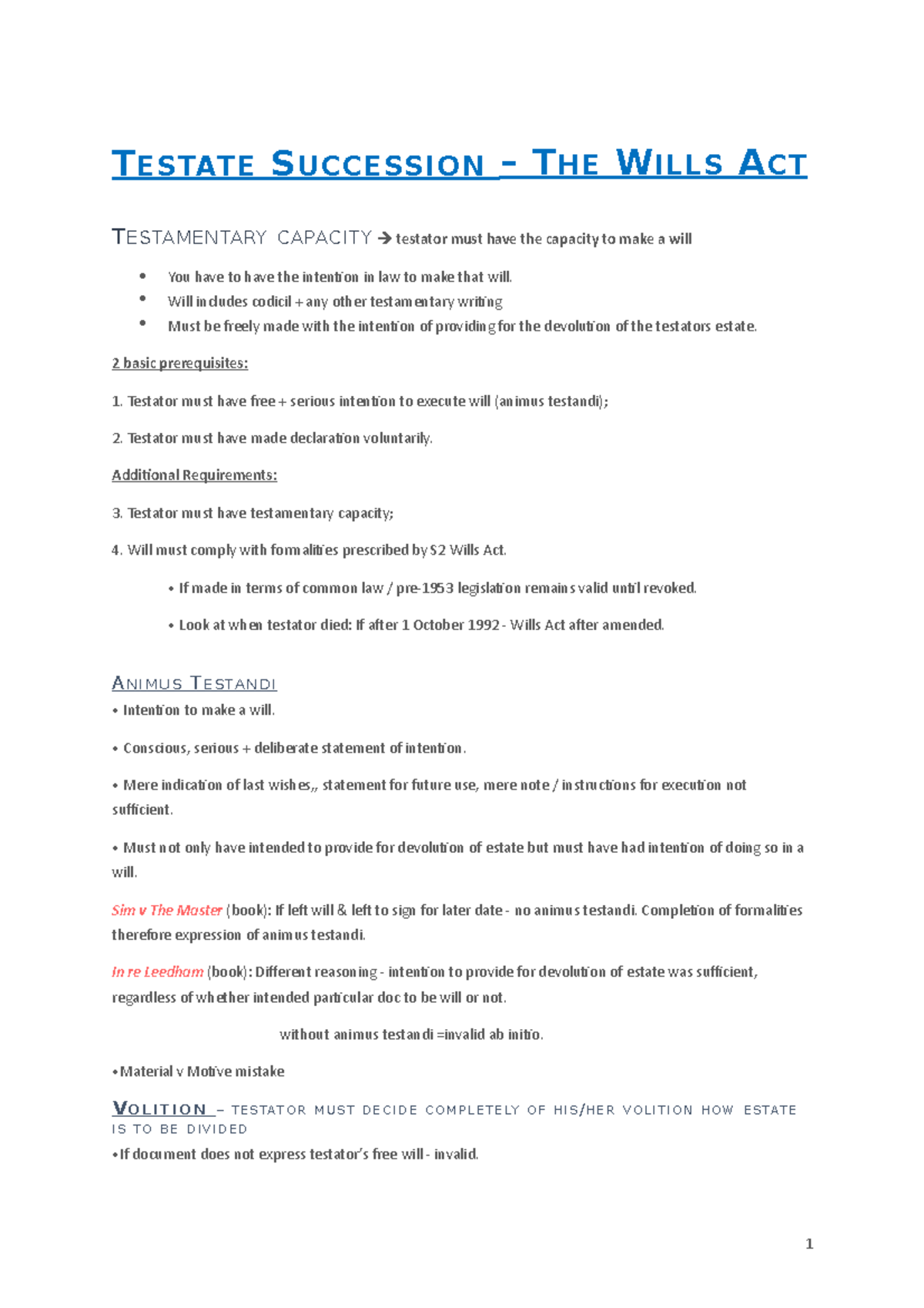 Testate Succession - useful - T ESTATE SUCCESSION – T HE WILLS ACT ...