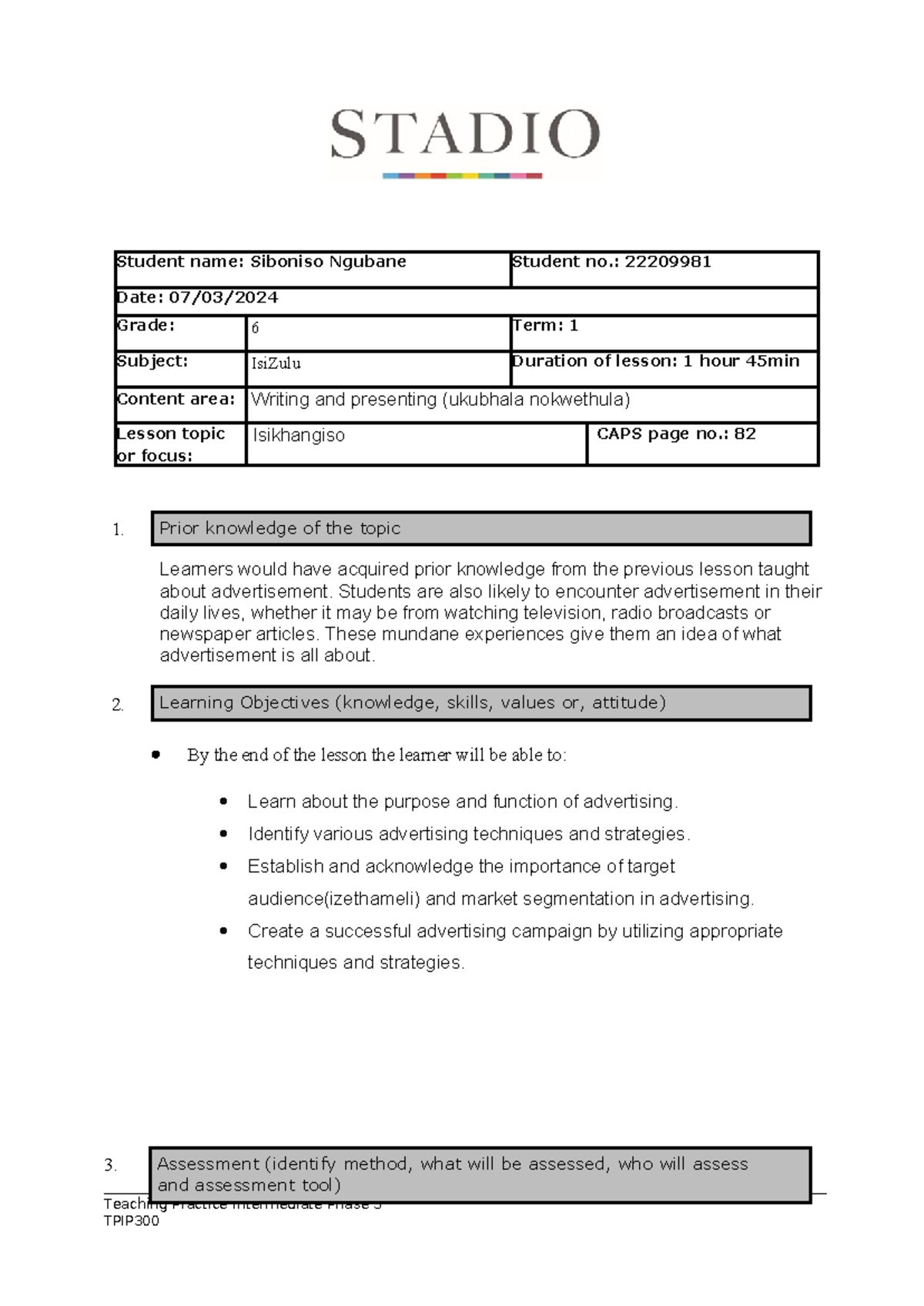 Isi Zulu Lesson Plan isikhangiso - TPIP300 22209981 - Student name ...