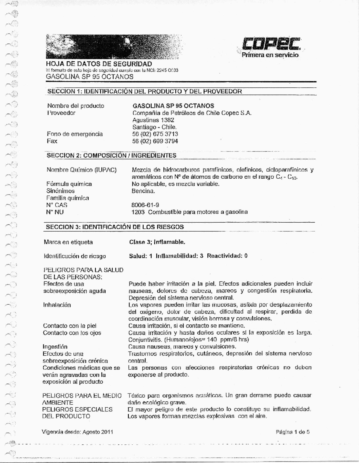 Aditivos 95 Octanos - Primera en servicio HOJA DE DATOS DE SEGURIDAD El ...