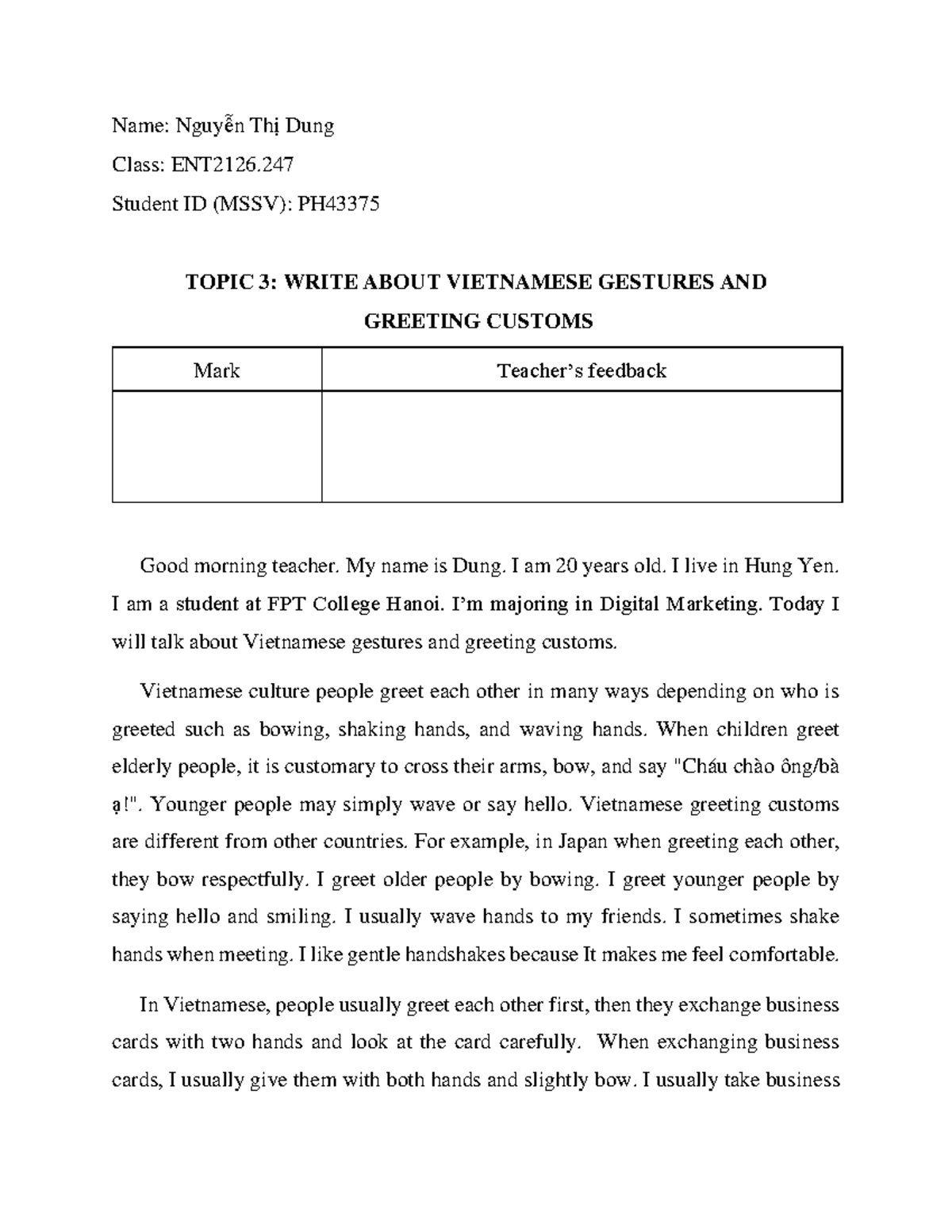 Topic 3_Cách chào hỏi theo phong tục - Name: Nguyễn Thị Dung Class: ENT2126. Student ID (MSSV ...