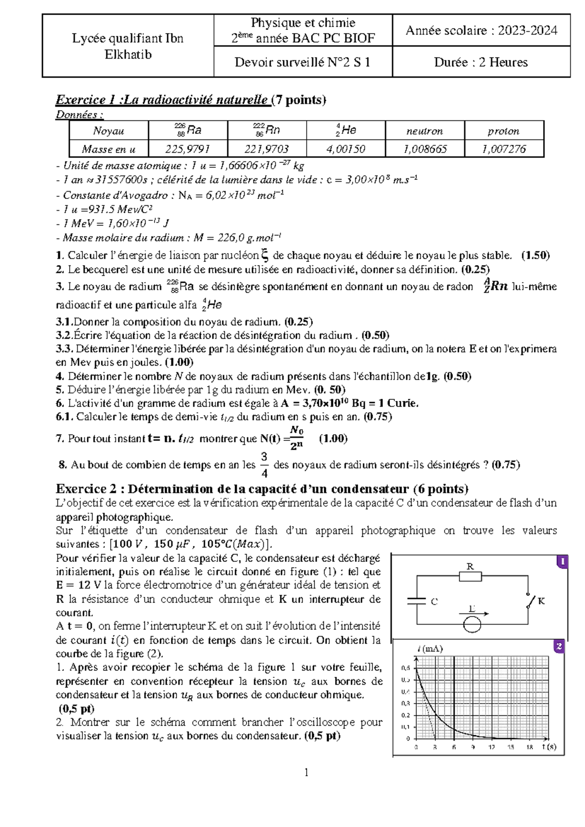 Examen 2 pc biof 20232024 final - 1 Lycée qualifiant Ibn Elkhatib ...