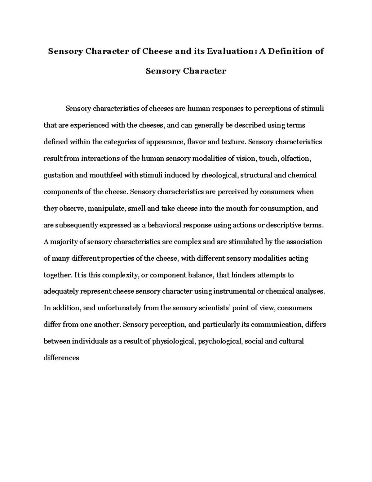 A Definition of Sensory Character - Sensory Character of Cheese and its ...