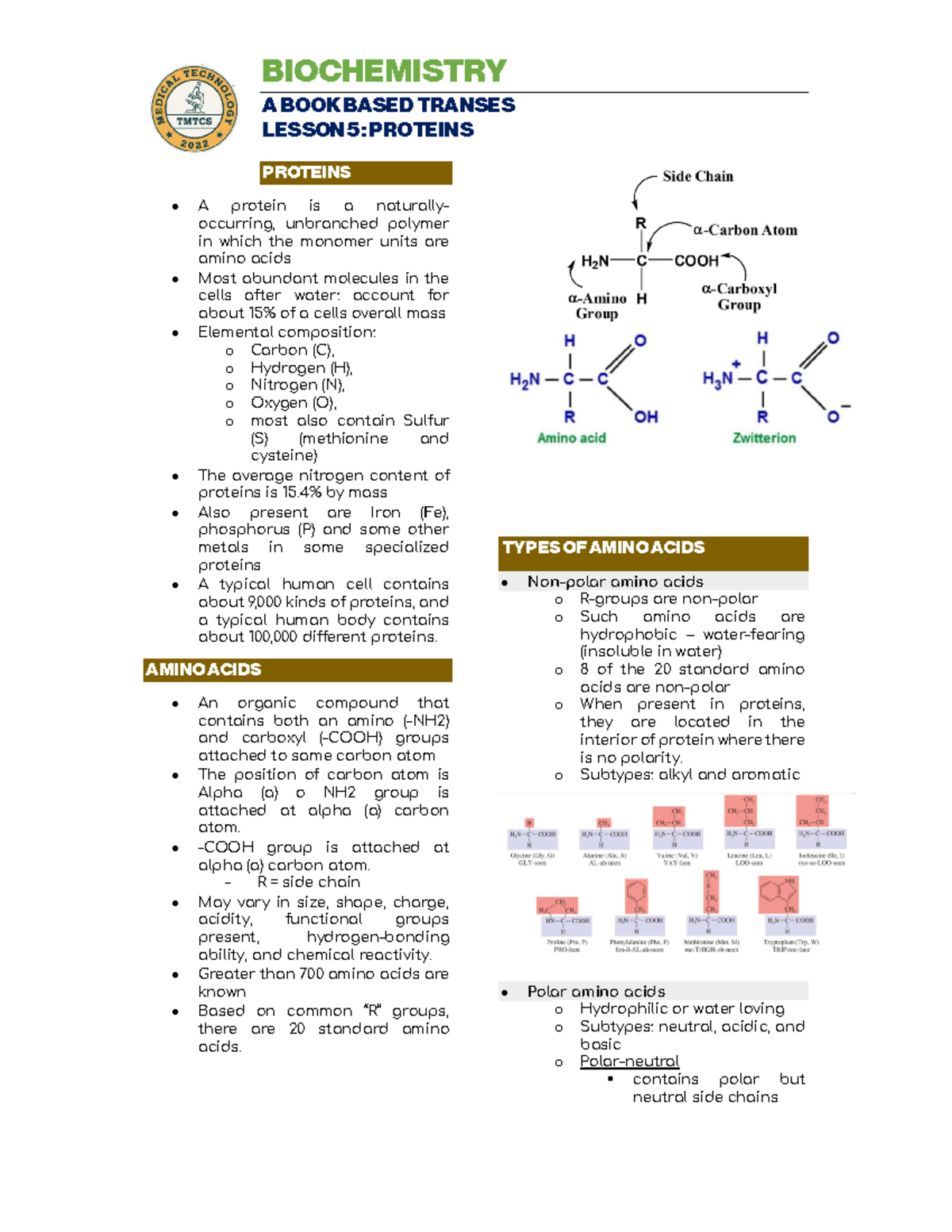 Biochem - Proteins - BIOCHEMISTRY A BOOK BASED TRANSES LESSON 5 ...