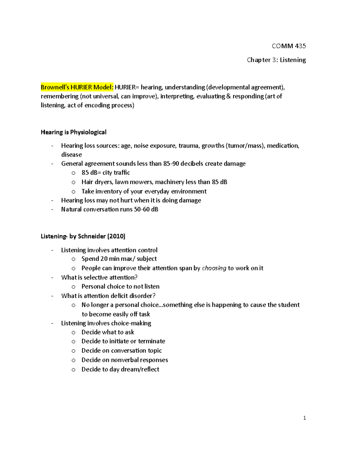 Ch 3 - Lecture notes - COMM 435 Chapter 3: Listening Brownell’s HURIER ...