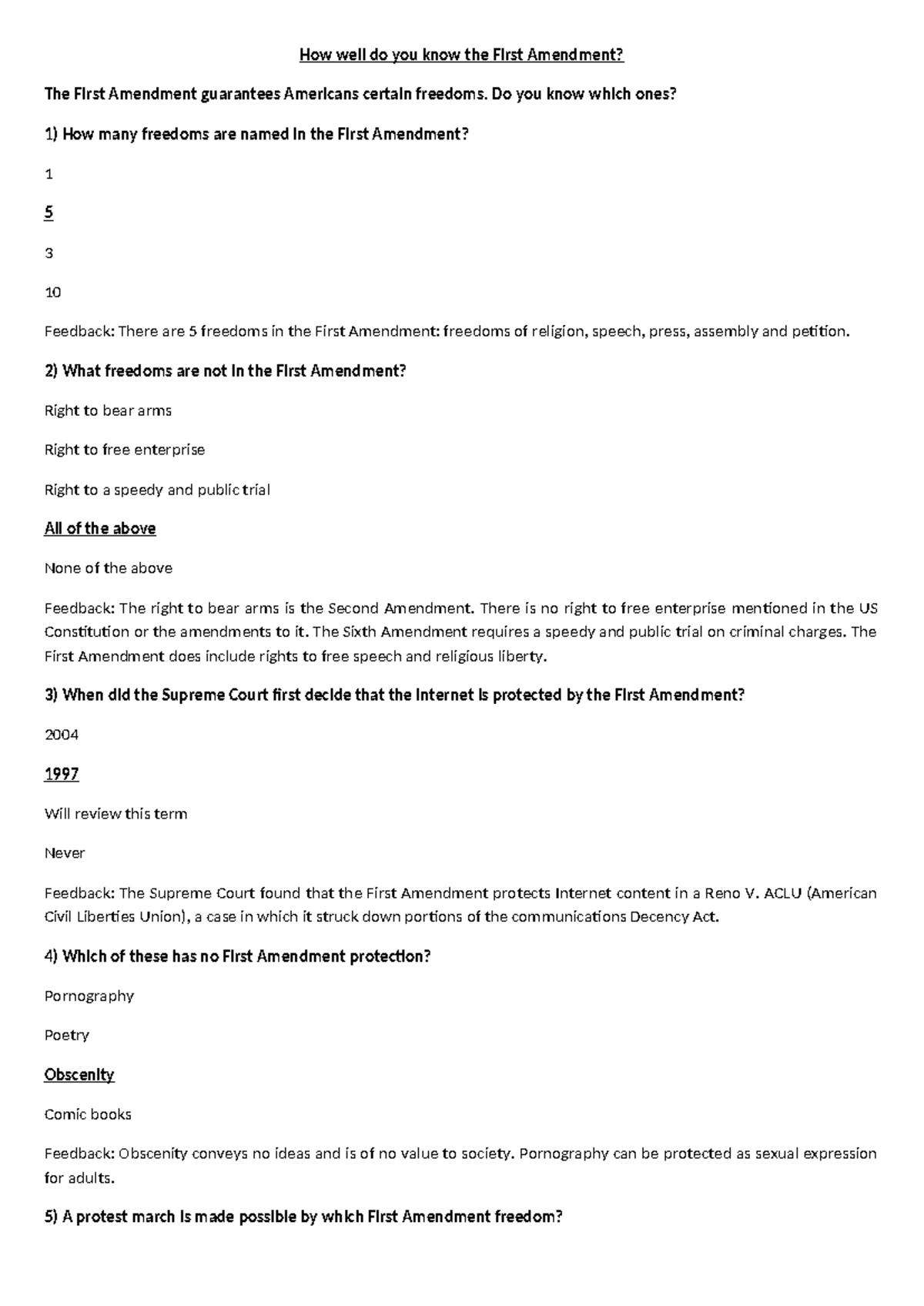 First Amendment Quiz - Test anglais - How well do you know the First ...