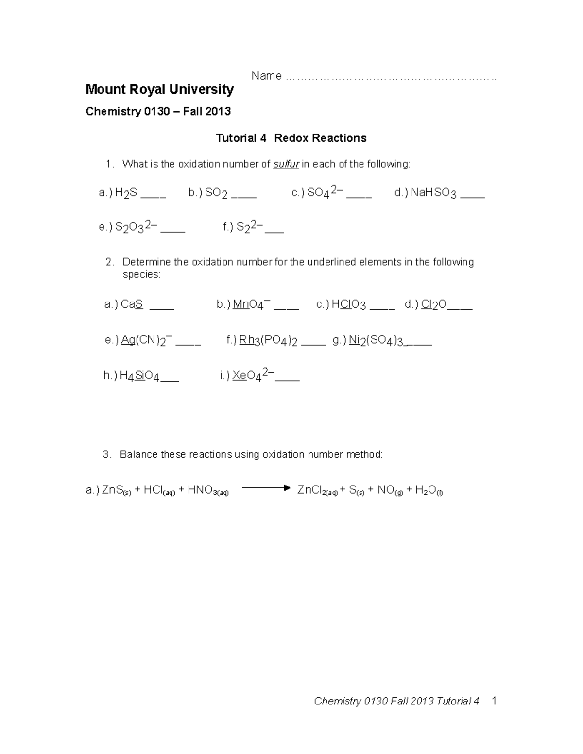 Chem 0130 Tutorial 4 S 2014 - Name ...