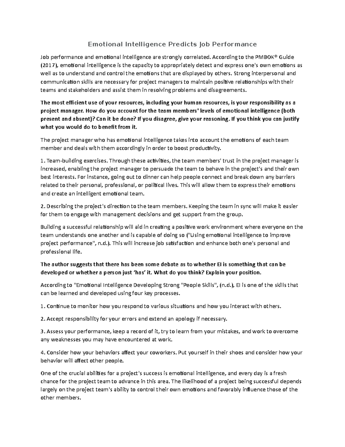 Discussion unit 4 - Emotional Intelligence Predicts Job Performance Job ...