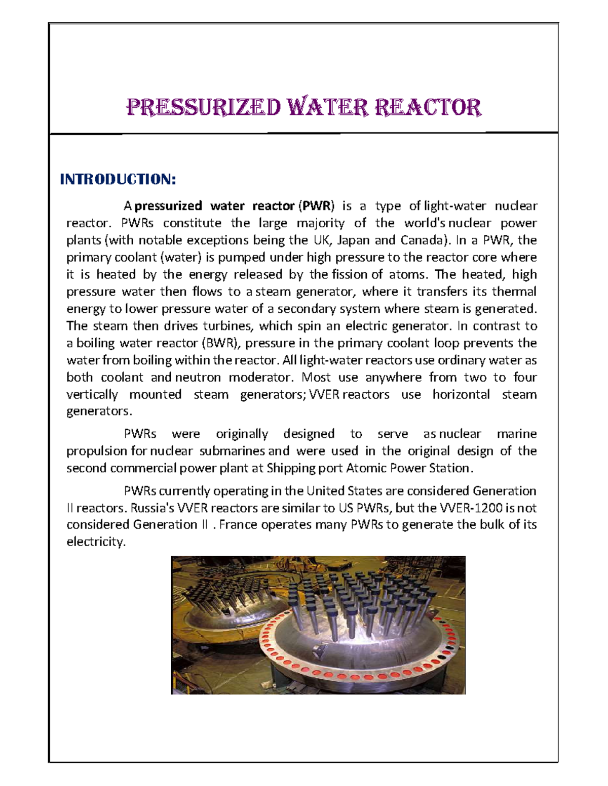 Pressurized Water Reactor - PRESSURIZED WATER REACTOR INTRODUCTION: A ...