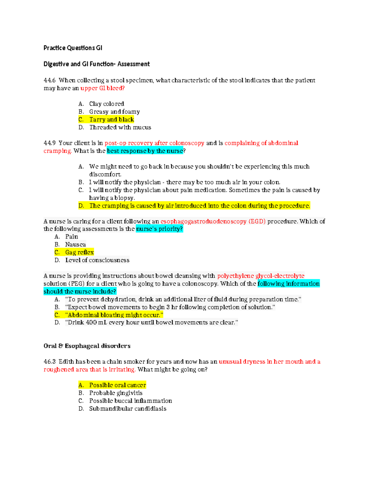 GI Practice Questions Student - Practice Questions GI Digestive and GI ...
