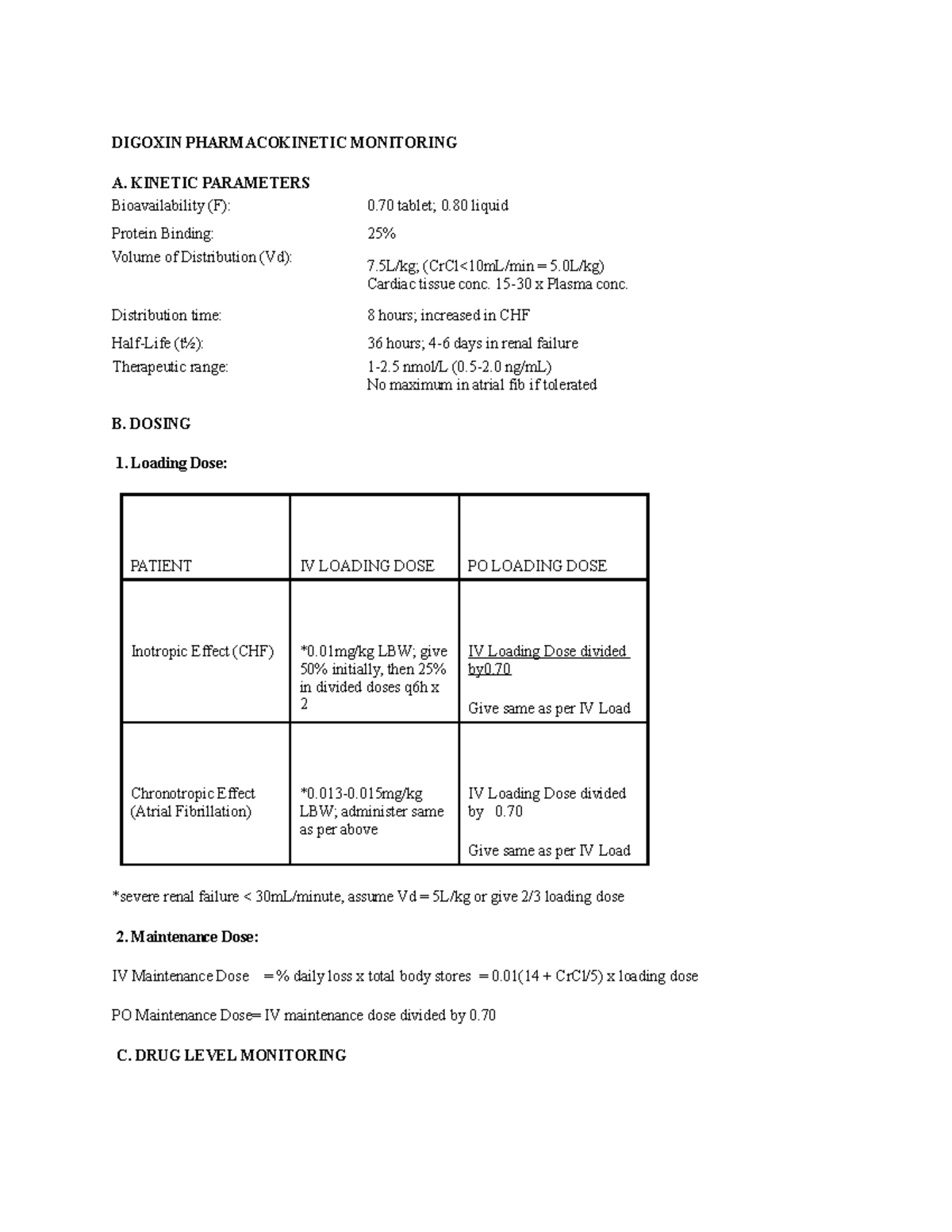 Digoxin Pharmacokinetic Monitoring - DIGOXIN PHARMACOKINETIC MONITORING ...
