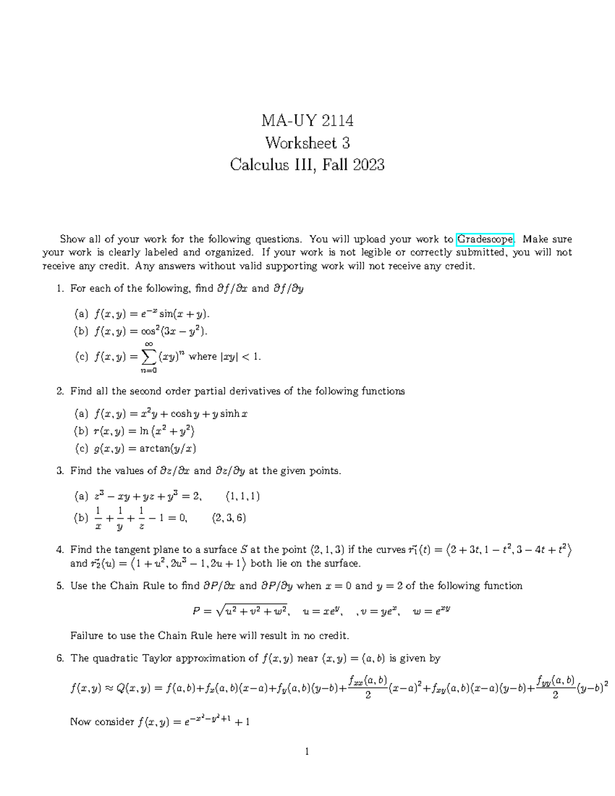 Worksheet 3 - MA-UY 2114 Worksheet 3 Calculus III, Fall 2023 Show all ...