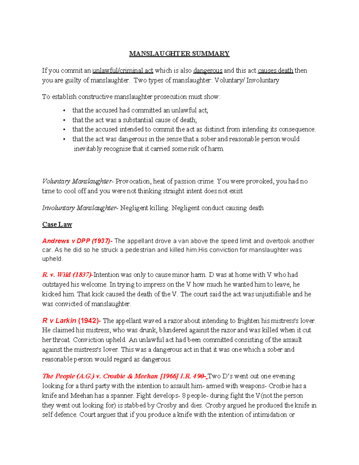 Manslaughter Summary - MANSLAUGHTER SUMMARY If you commit an unlawful ...