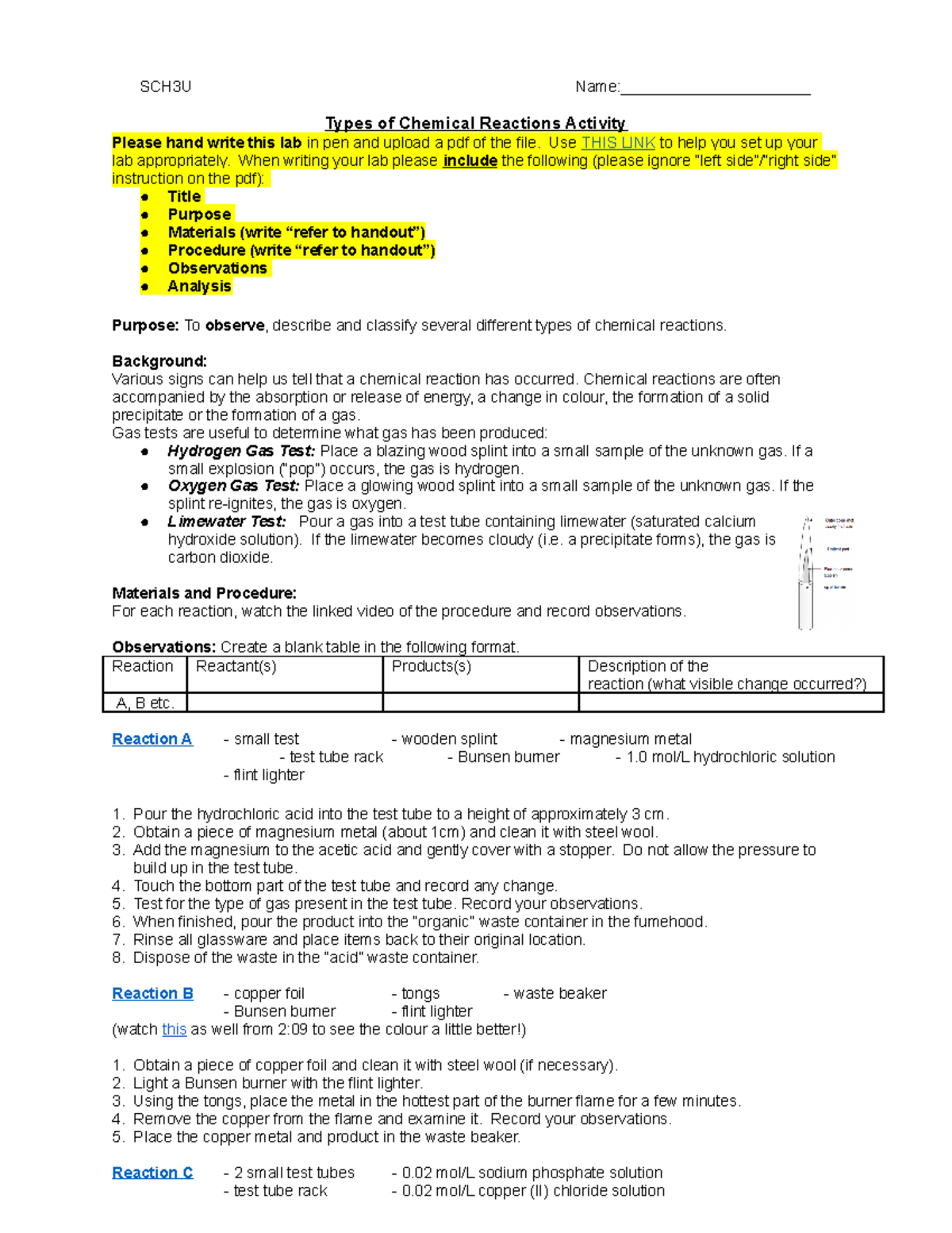 Types of Chemical Reactions Activity - SCH3U Name ...