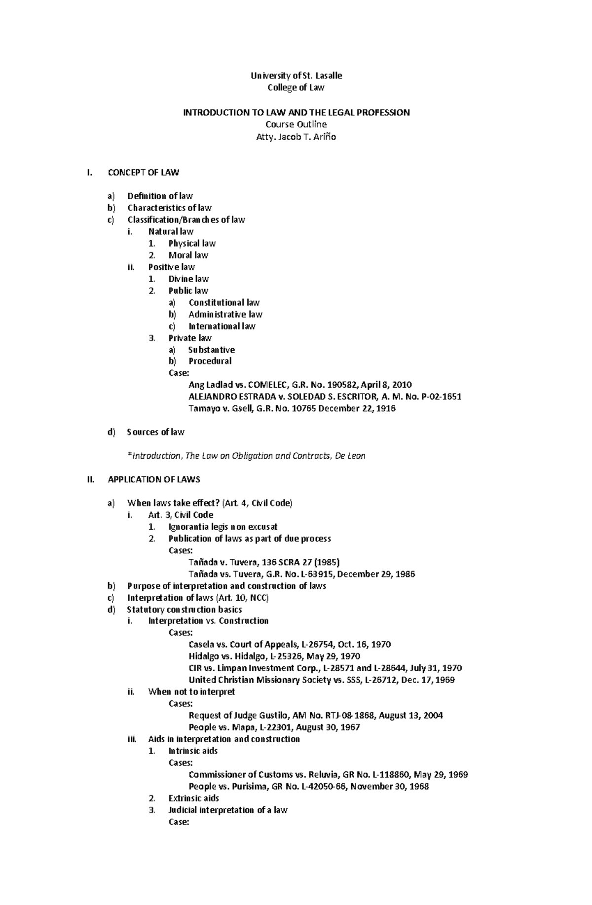 Introduction to Law and Legal Ethics Syllabus - University of St ...