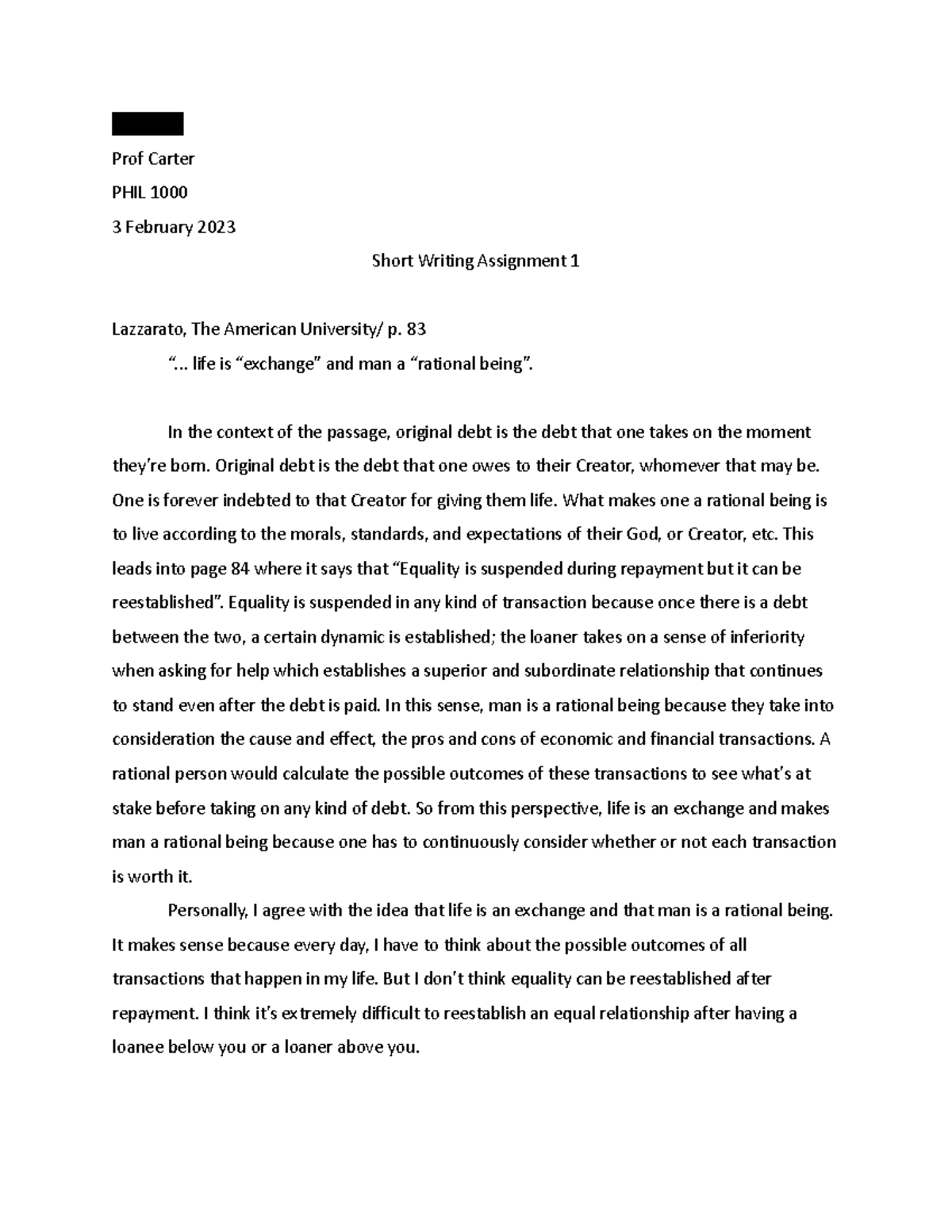 PHIL- short writing assignment 1 - Celine Vu Prof Carter PHIL 1000 3 ...