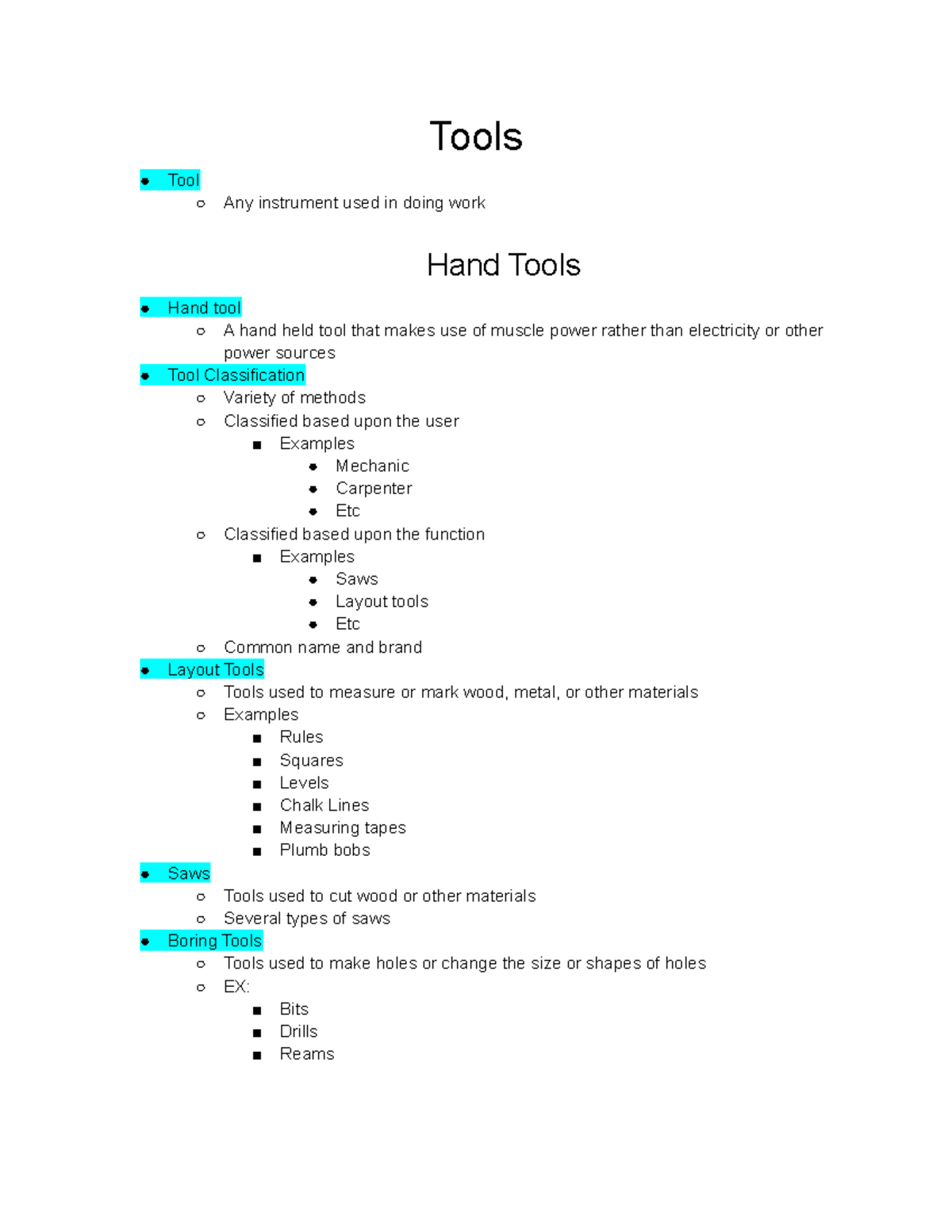 Tools-3 - Tools - Tools Tool Any instrument used in doing work Hand ...