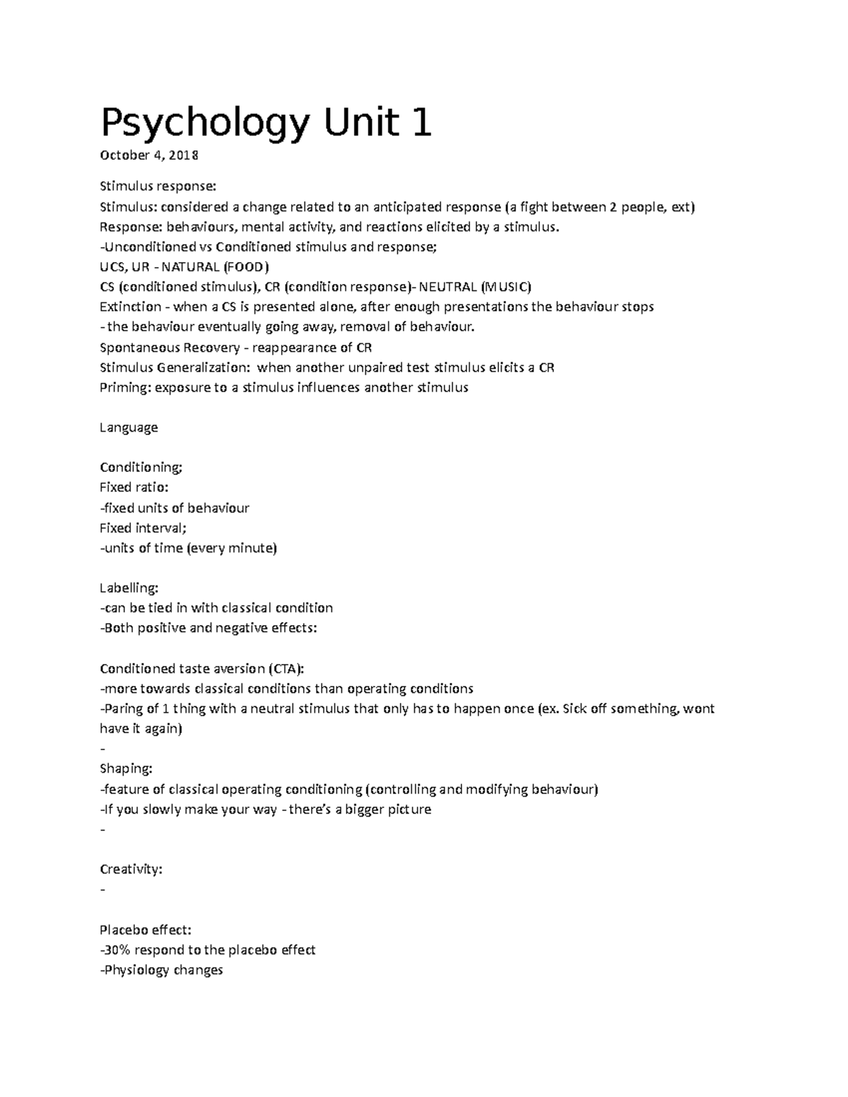 Psychology Unit 1 - Lecture Notes for Unit 1 test - Psychology Unit 1 ...
