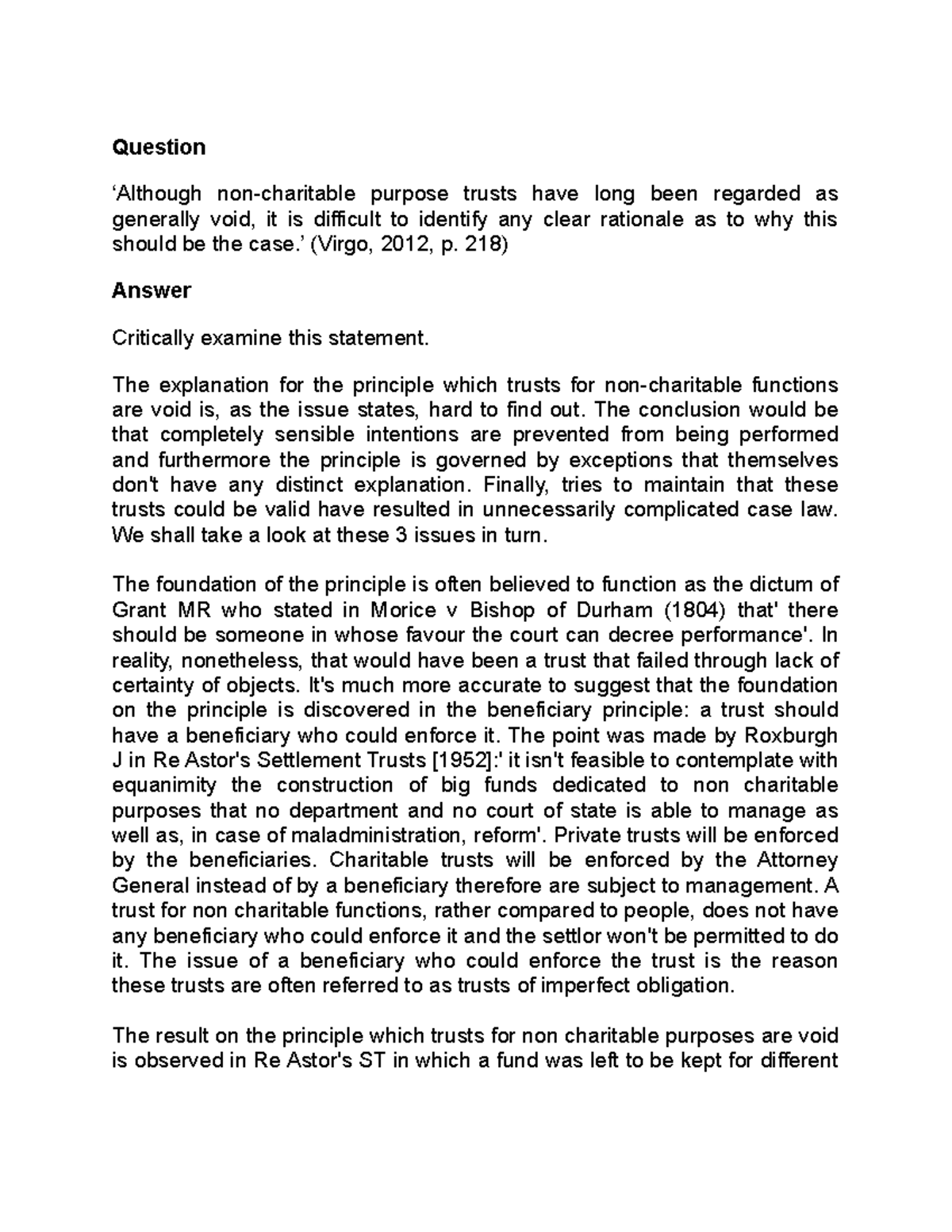 THE Beneficiary Principle AND Purpose Trusts - Question ‘Although non ...