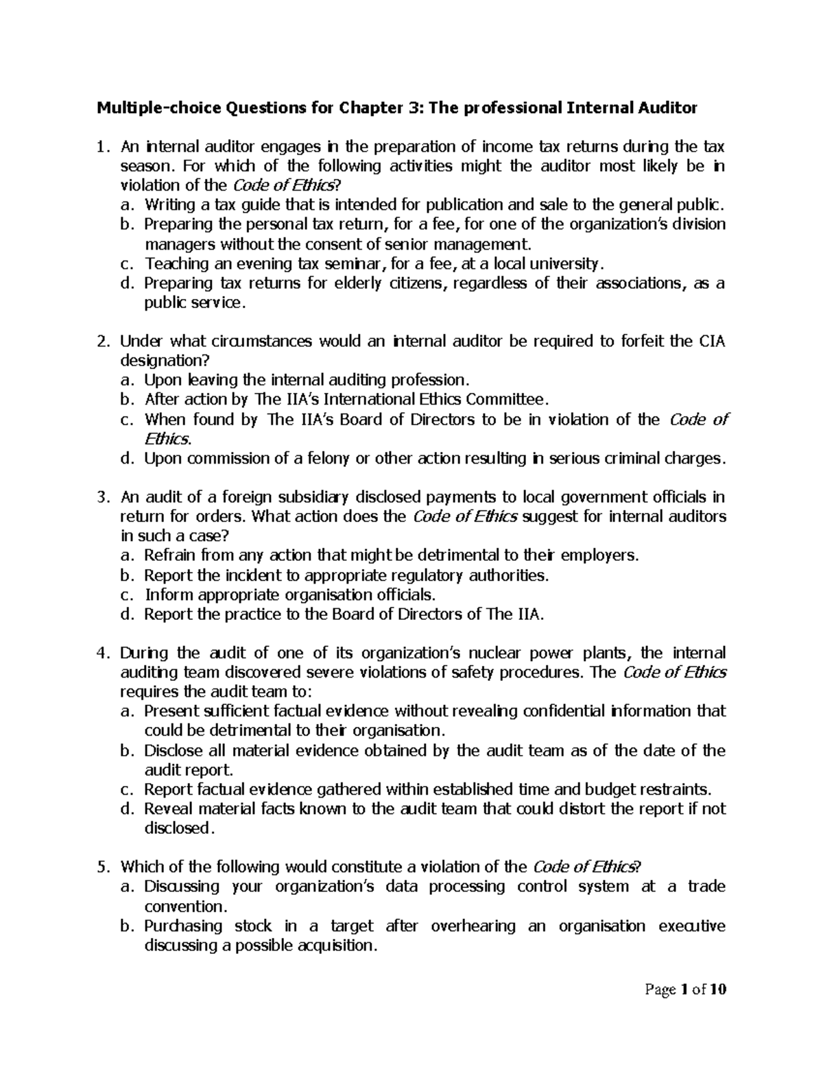 Practice Questions- Chapter 3 The professional Internal Auditor ...