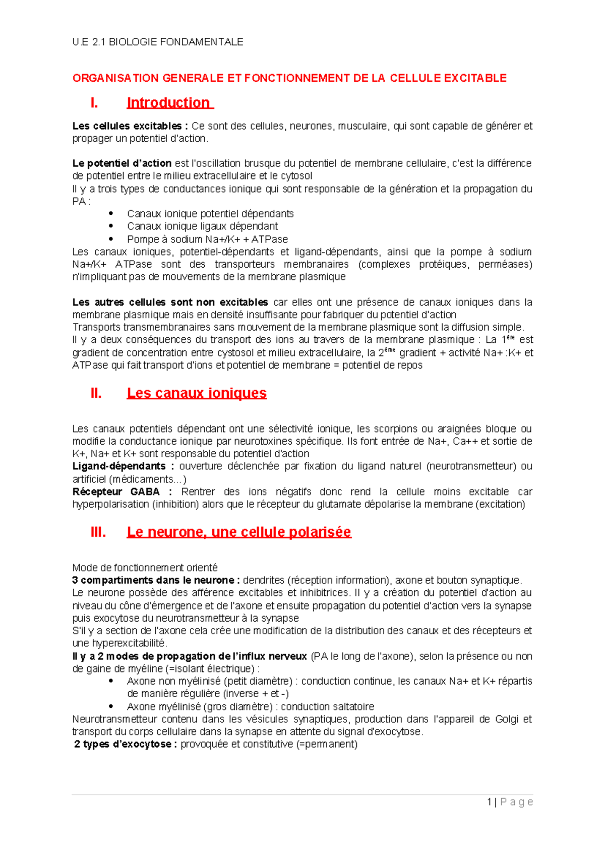 U.E 2.1 Organisation générale et fonctionnement de la cellule excitable - U 2 BIOLOGIE ...