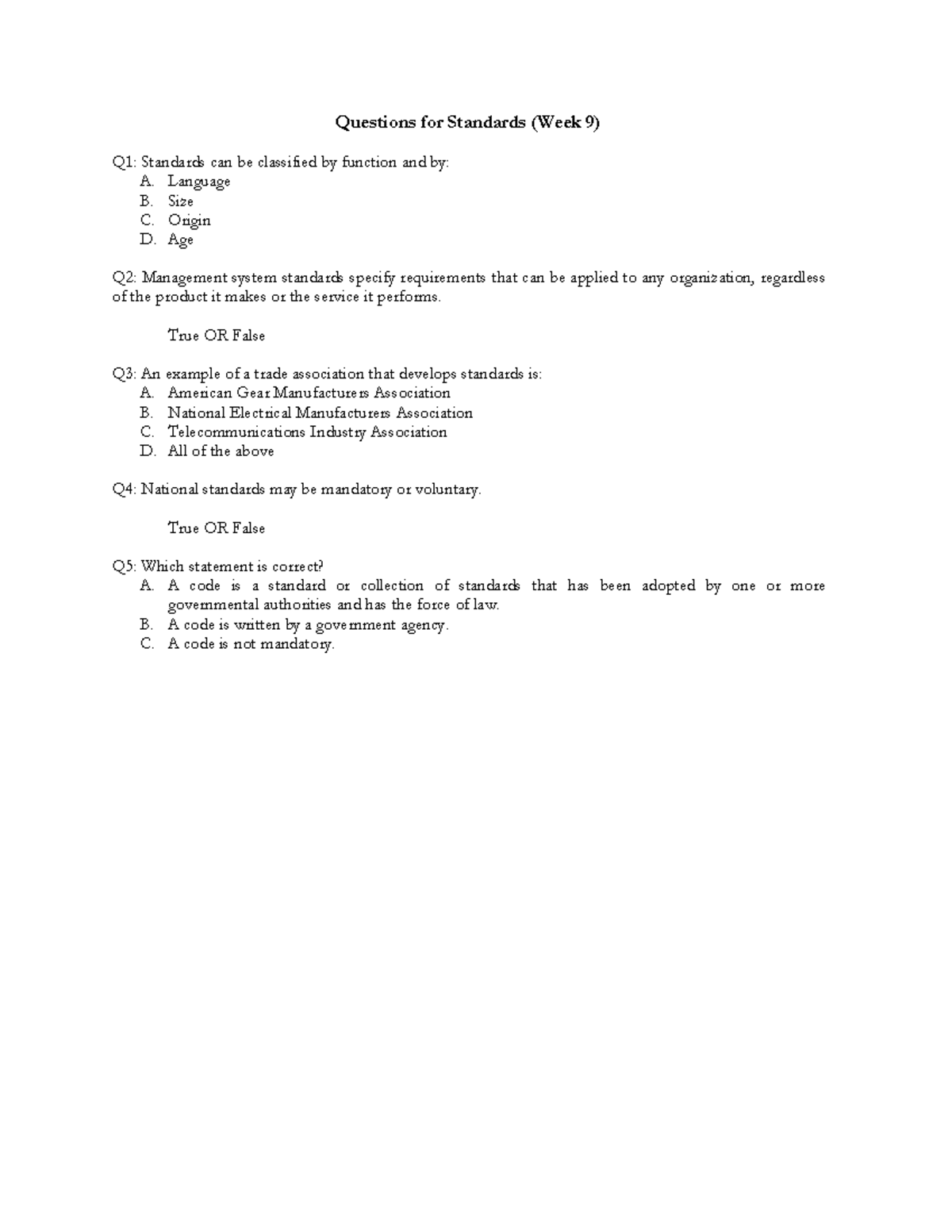 Week 9 standarts Questions-5 - Questions for Standards (Week 9) Q1 ...