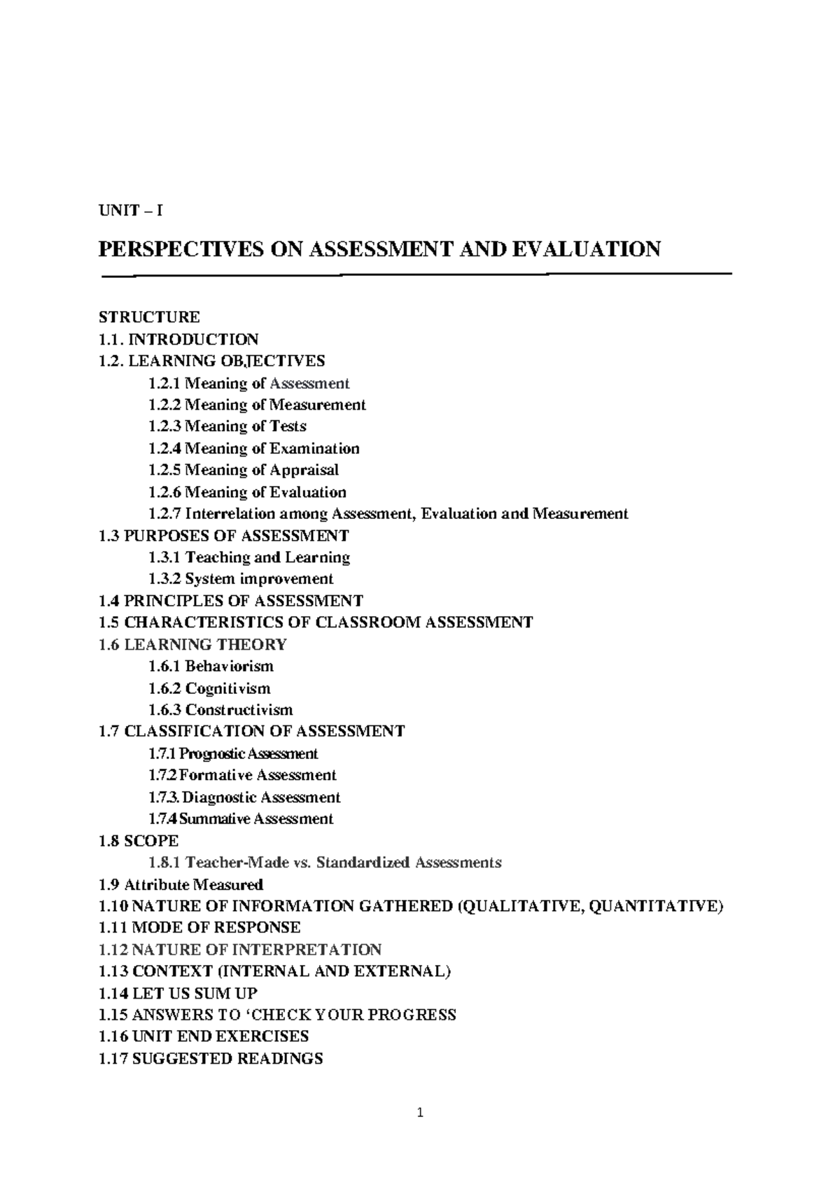 Assessment FOR Learning 2MB - UNIT – I PERSPECTIVES ON ASSESSMENT AND ...