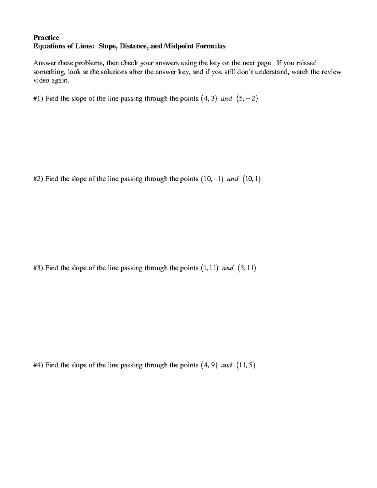 Practice-lines-formulas - Practice Equations of Lines: Slope, Distance ...