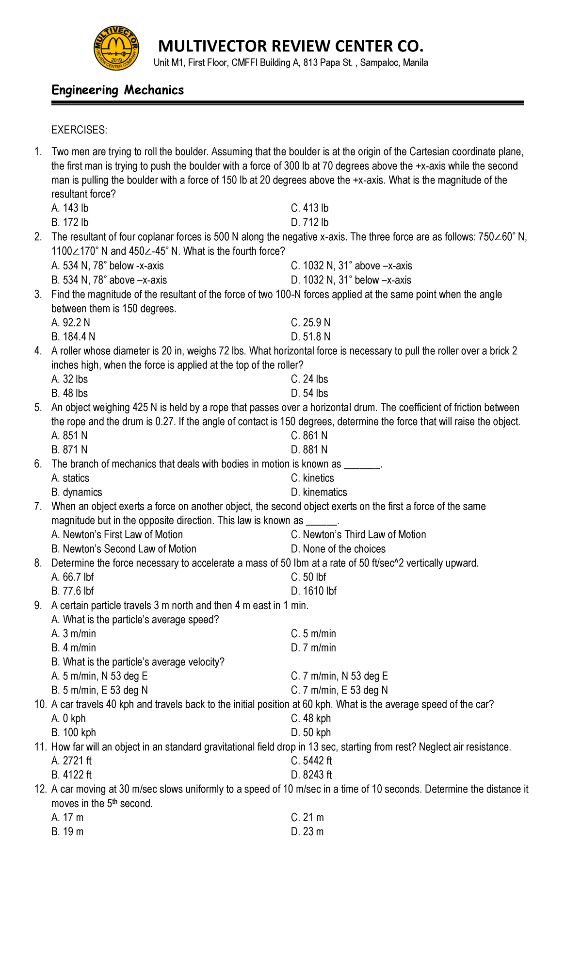 Engineering Mechanics Concept and Lecture - Unit M1, First Floor, CMFFI ...