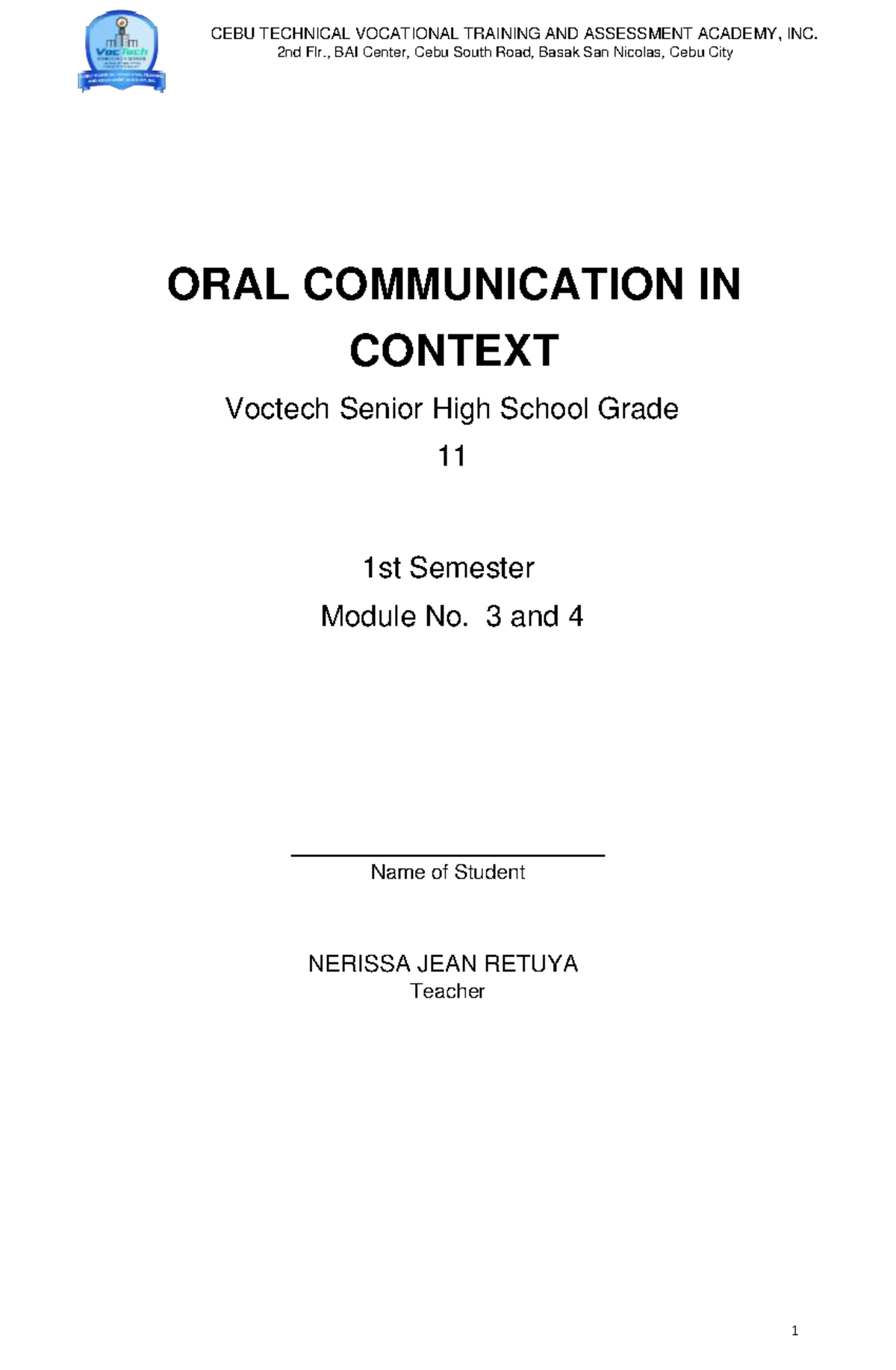 Oral Communication Module 3 and 4 - 2nd Flr., BAI Center, Cebu South Road, Basak San Nicolas ...