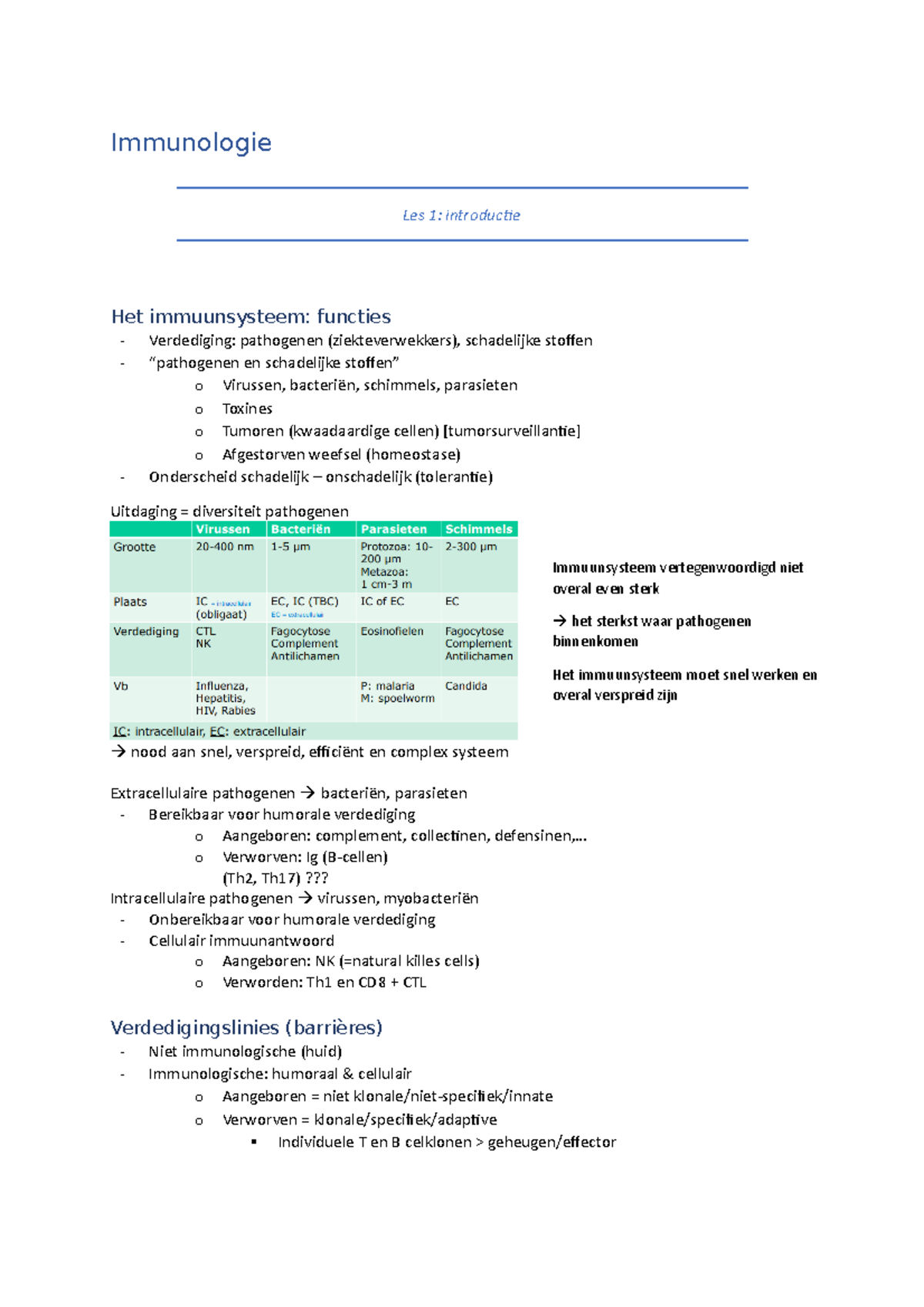 (Les 1) Introductie - samenvatting les 1 - Immunologie Les 1 ...