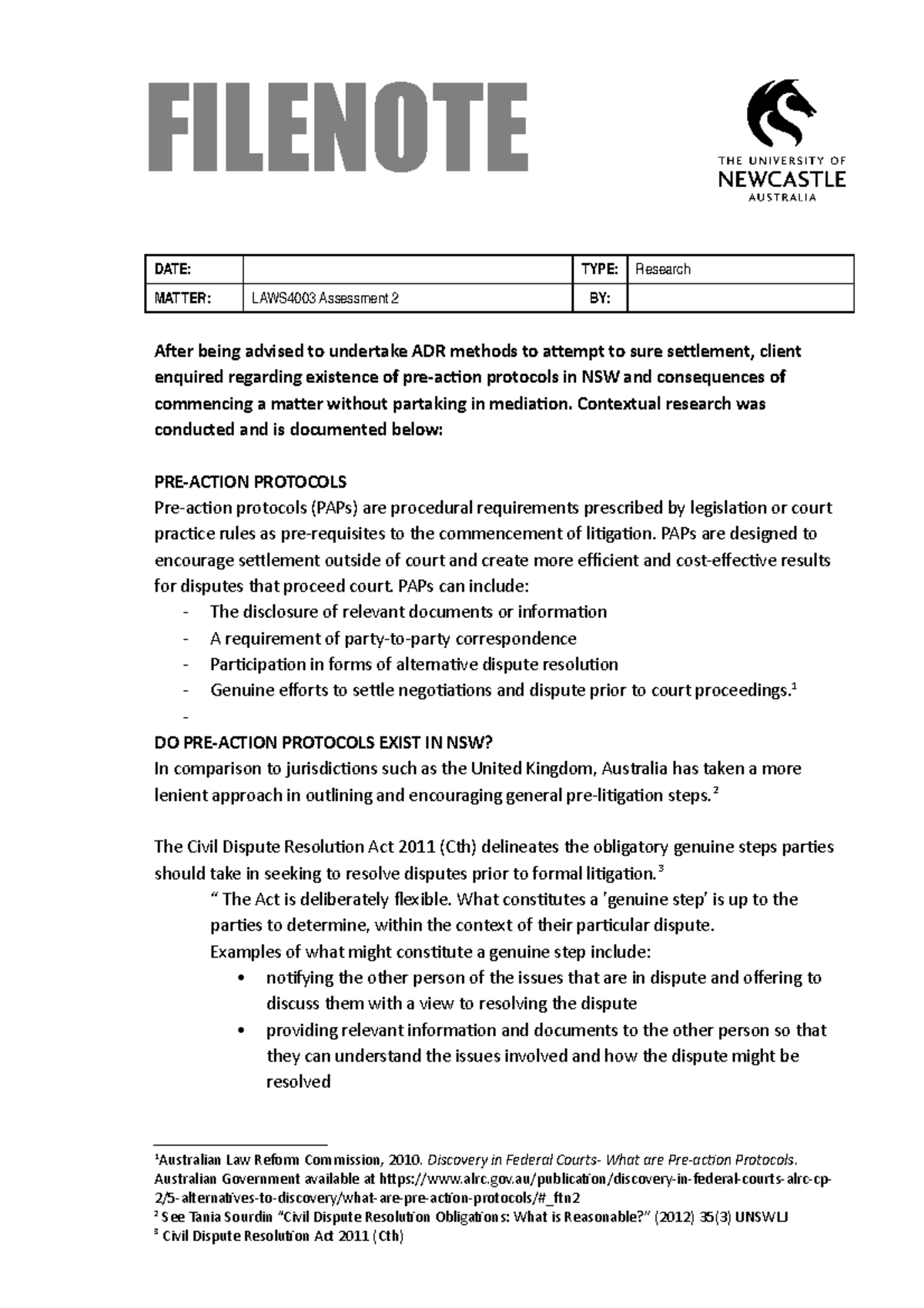 Pre-action protocols research Note Assessment LAWS4003 - DATE: TYPE ...