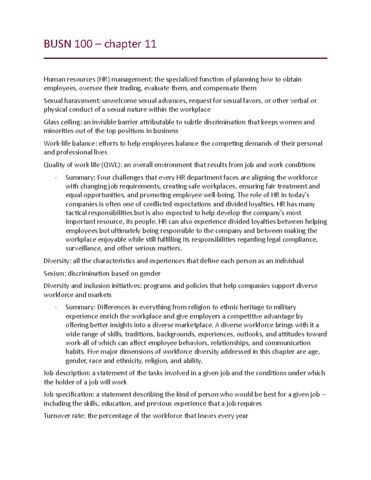 BUSN 100 chapter 11 - BUSN 100 – chapter 11 Human resources (HR ...
