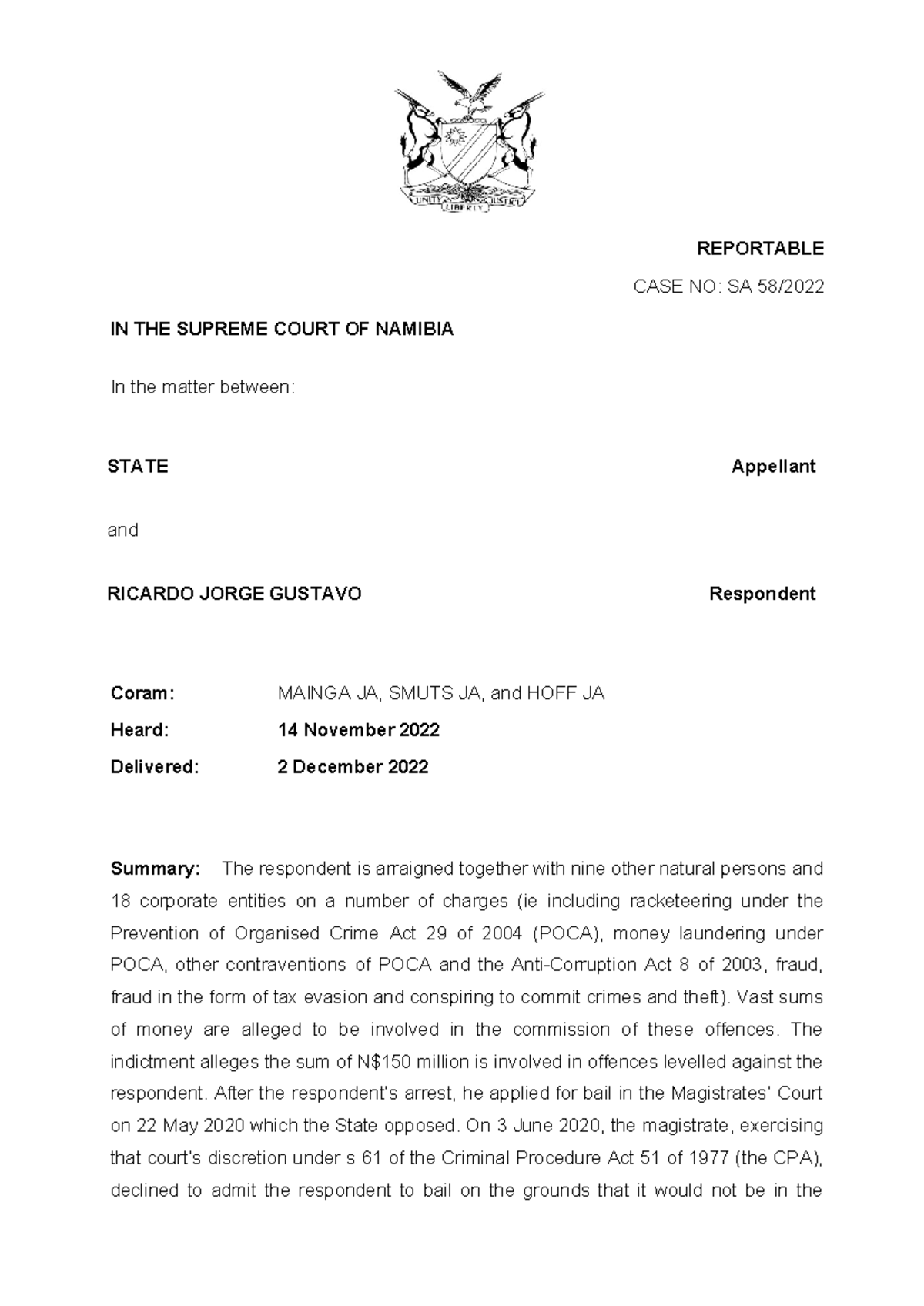 S v Gustavo (SA 58-2022) [2022] NASC (2 December 2022) - REPORTABLE CASE NO: SA 58/ IN THE ...